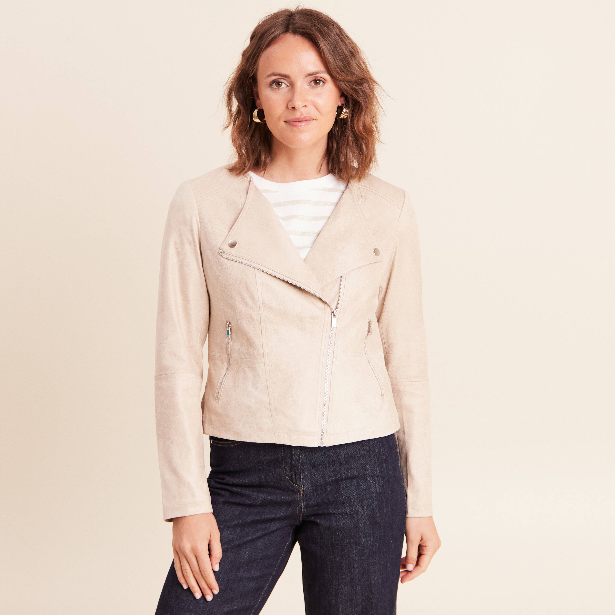 Veste droite zippée beige femme | Vibs