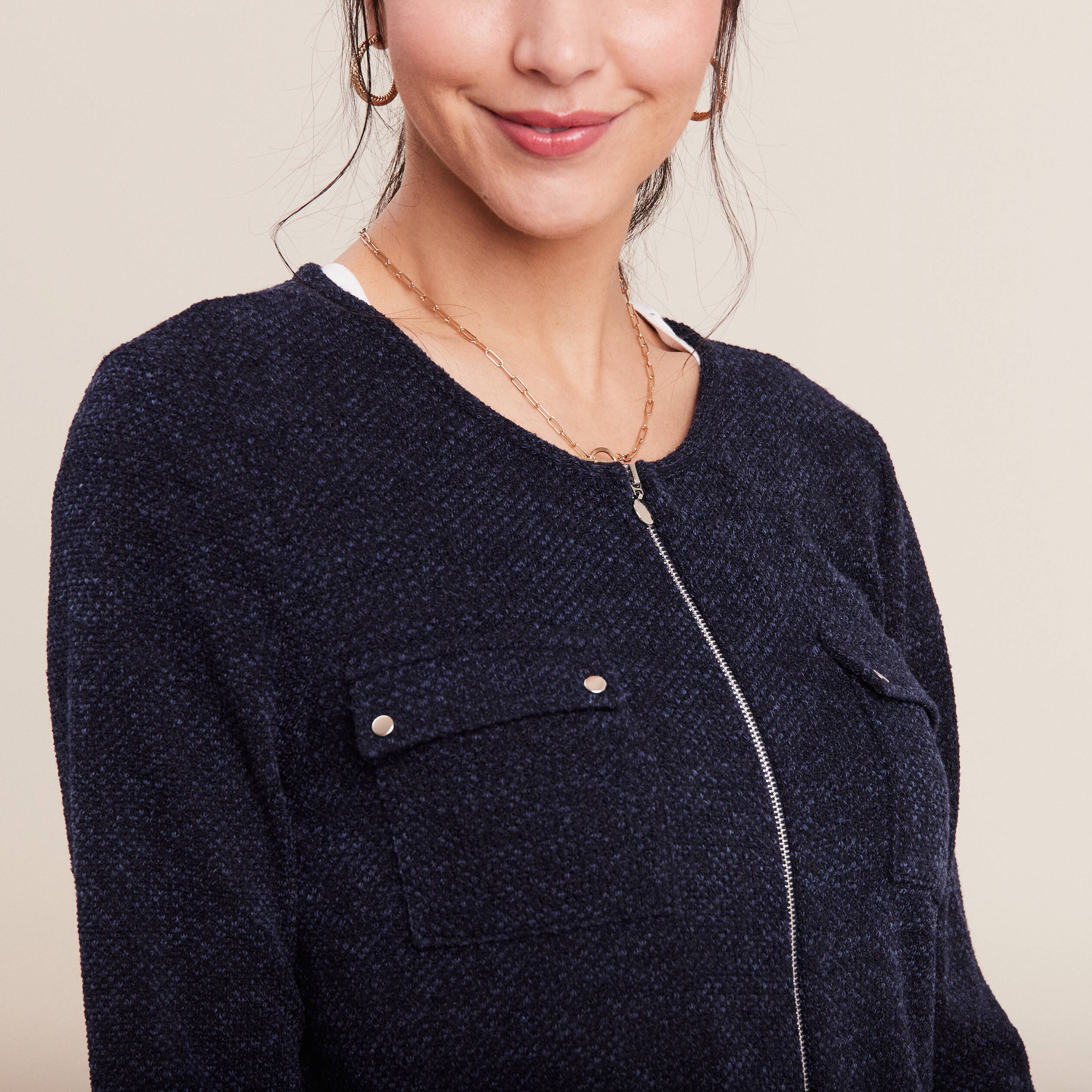 Gilet manches longues zippé bleu marine femme | Vibs