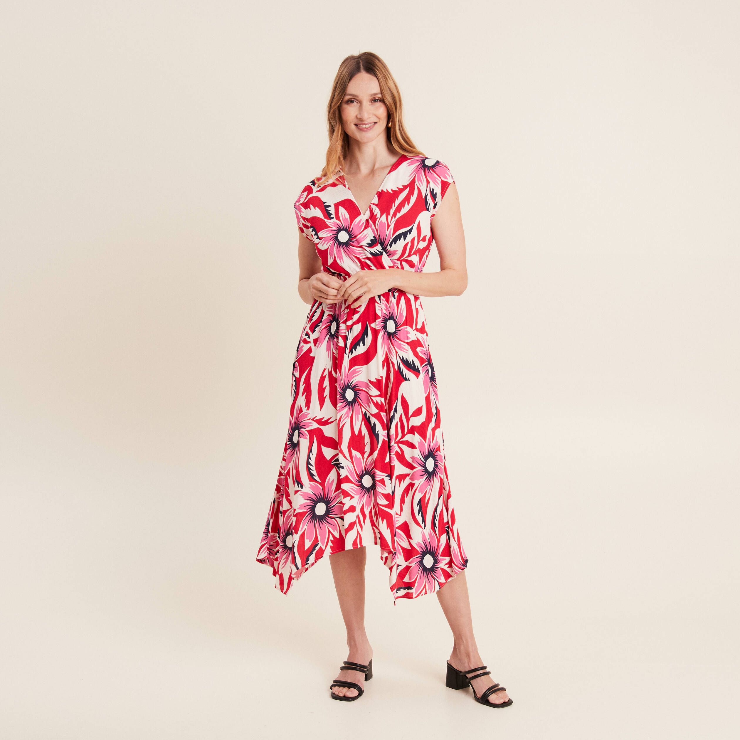 Robe midi évasée fluide rouge femme | Vibs