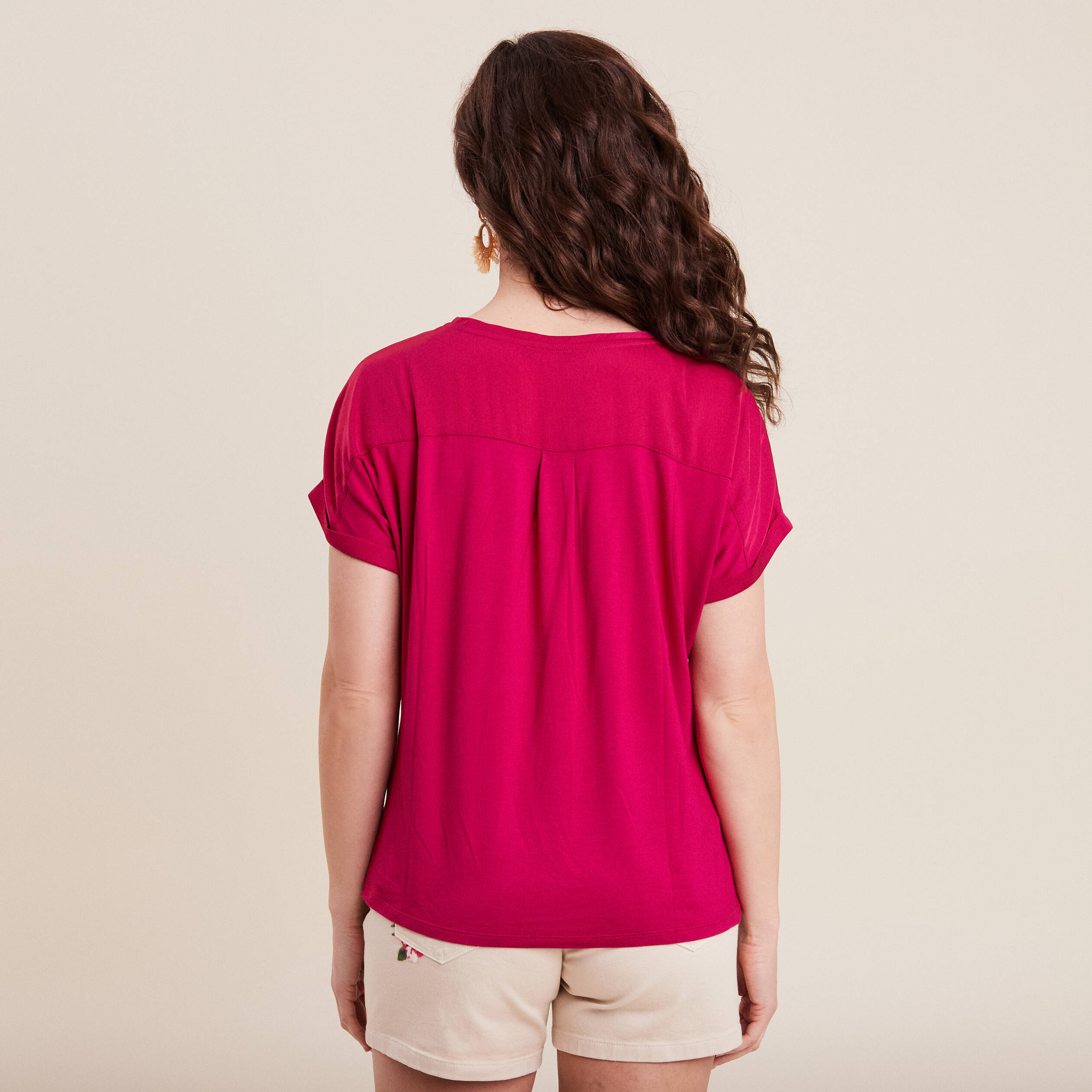 T-shirt manches courtes satin rose cerise femme | Vibs