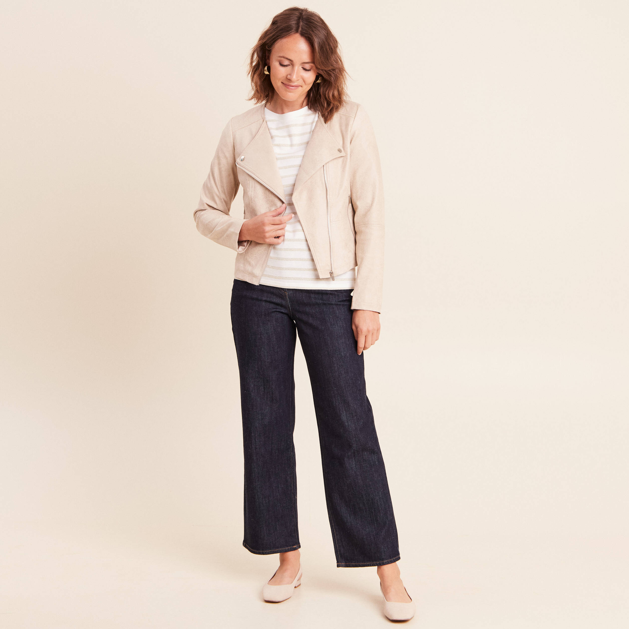 Veste droite zippée beige femme | Vibs