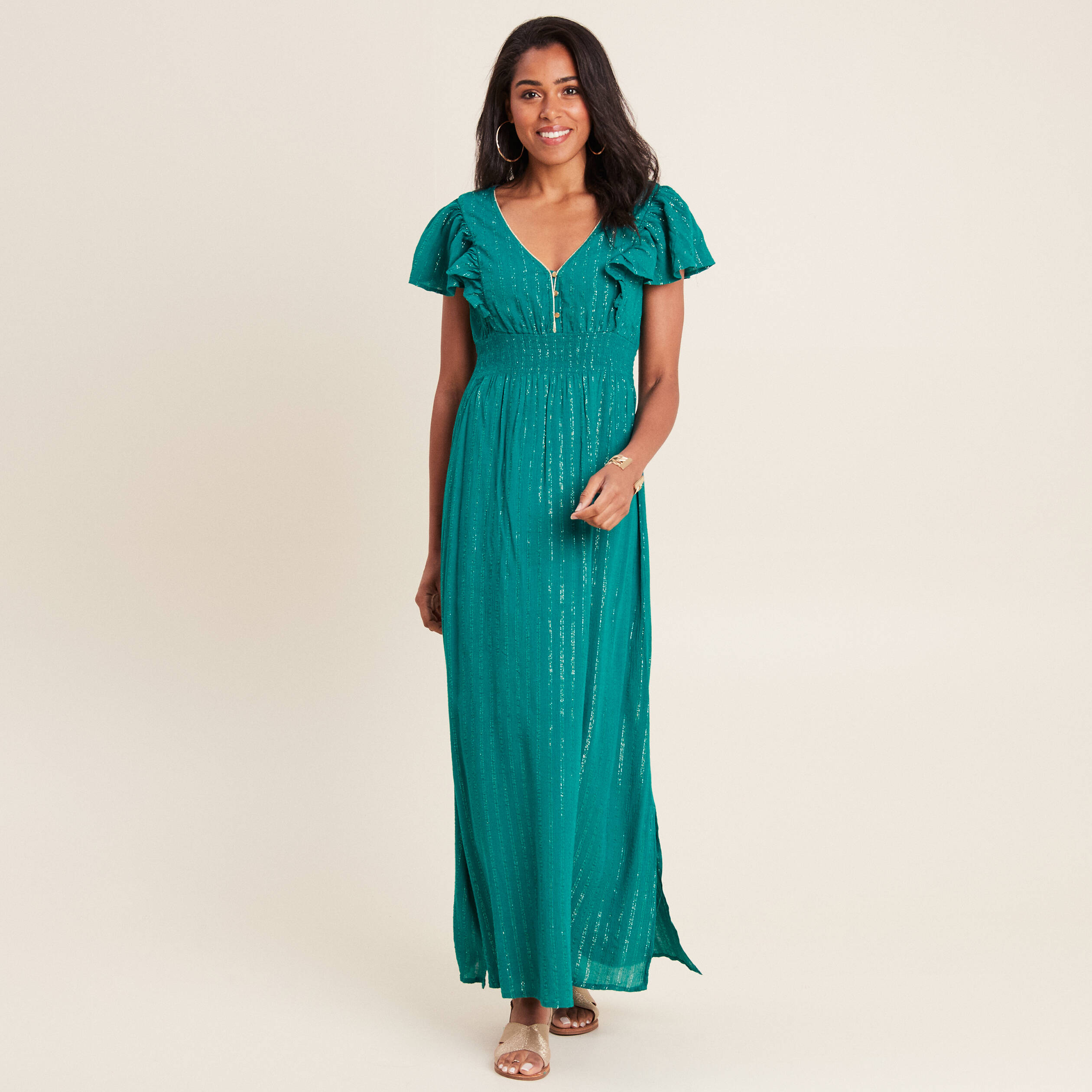 Robe longue droite fluide vert canard femme | Vibs