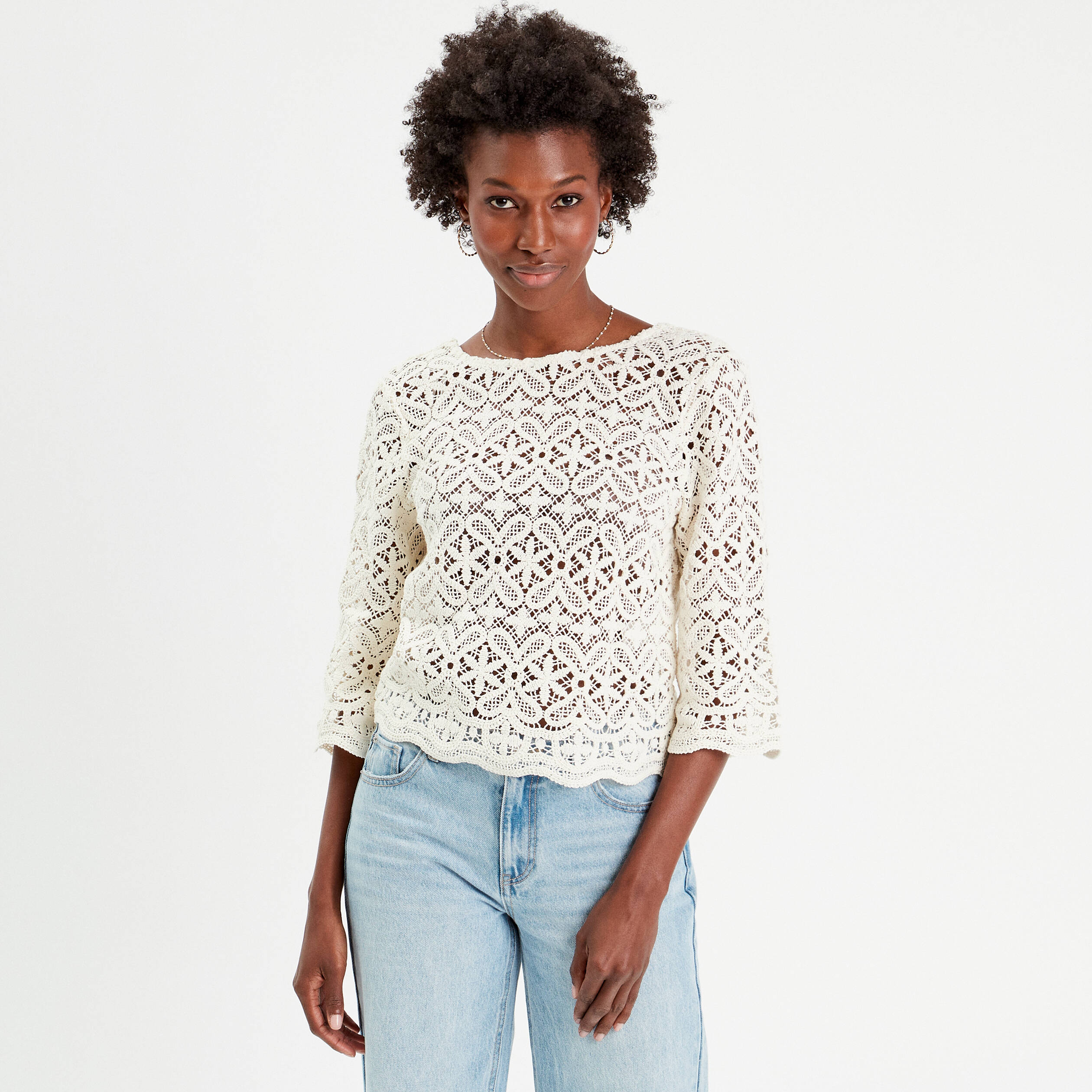 T-shirt manches 3/4 macramé ecru femme | Vibs