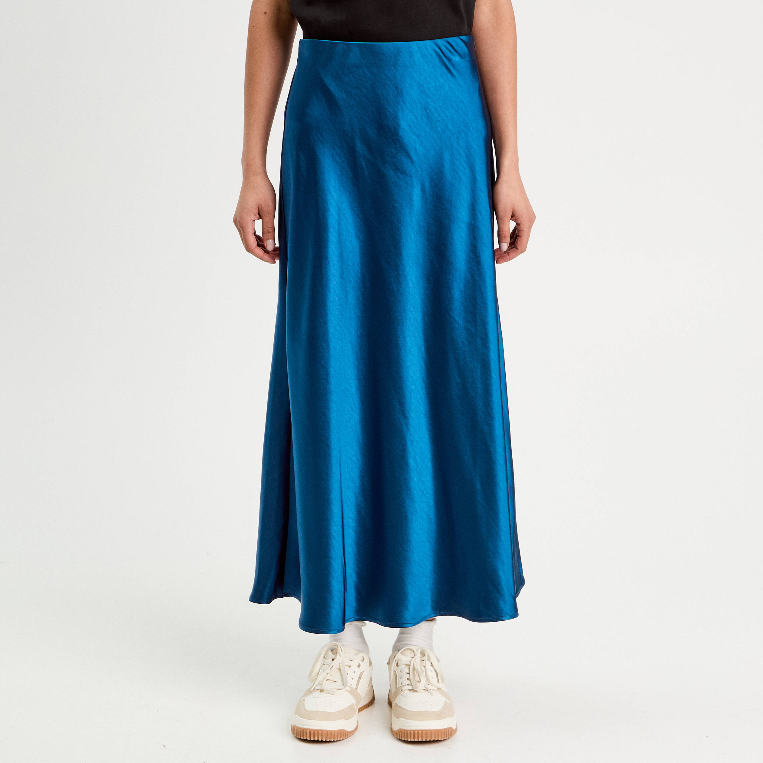 Jupe midi droite effet satin bleu marine femme | Vibs