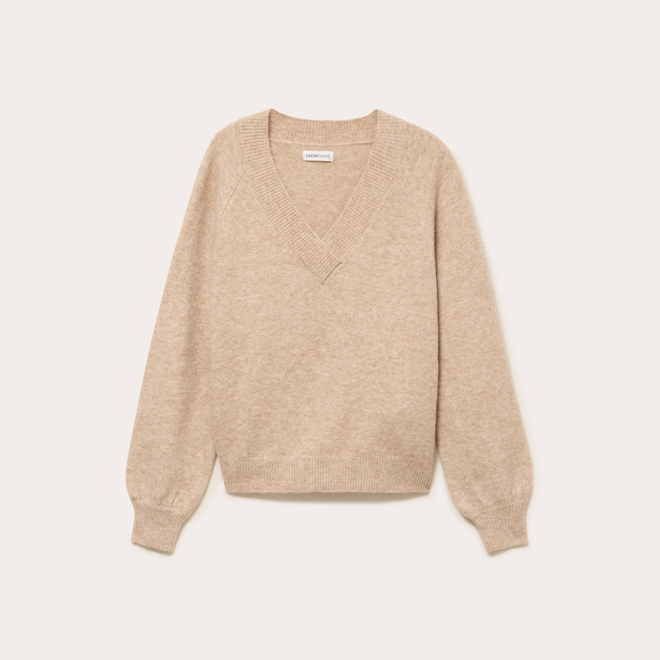 Pull col v manches longues beige femme | Vibs