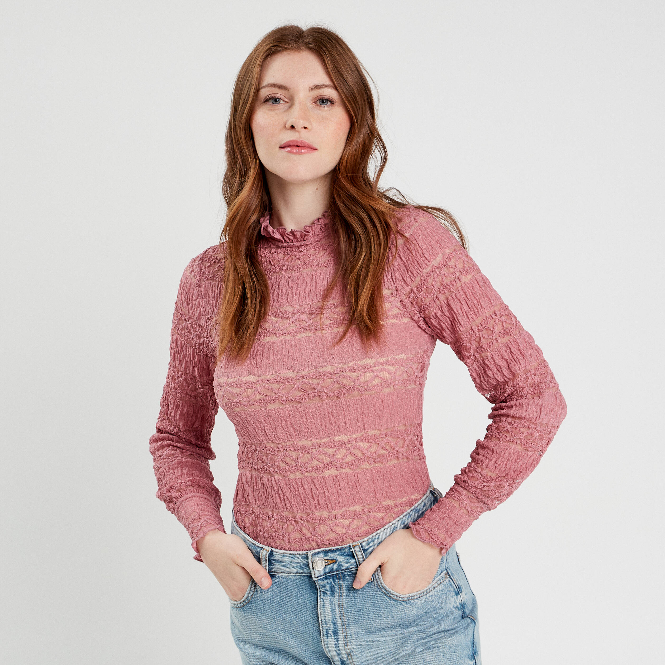 T-shirt dentelle col montant vieux rose femme | Vibs