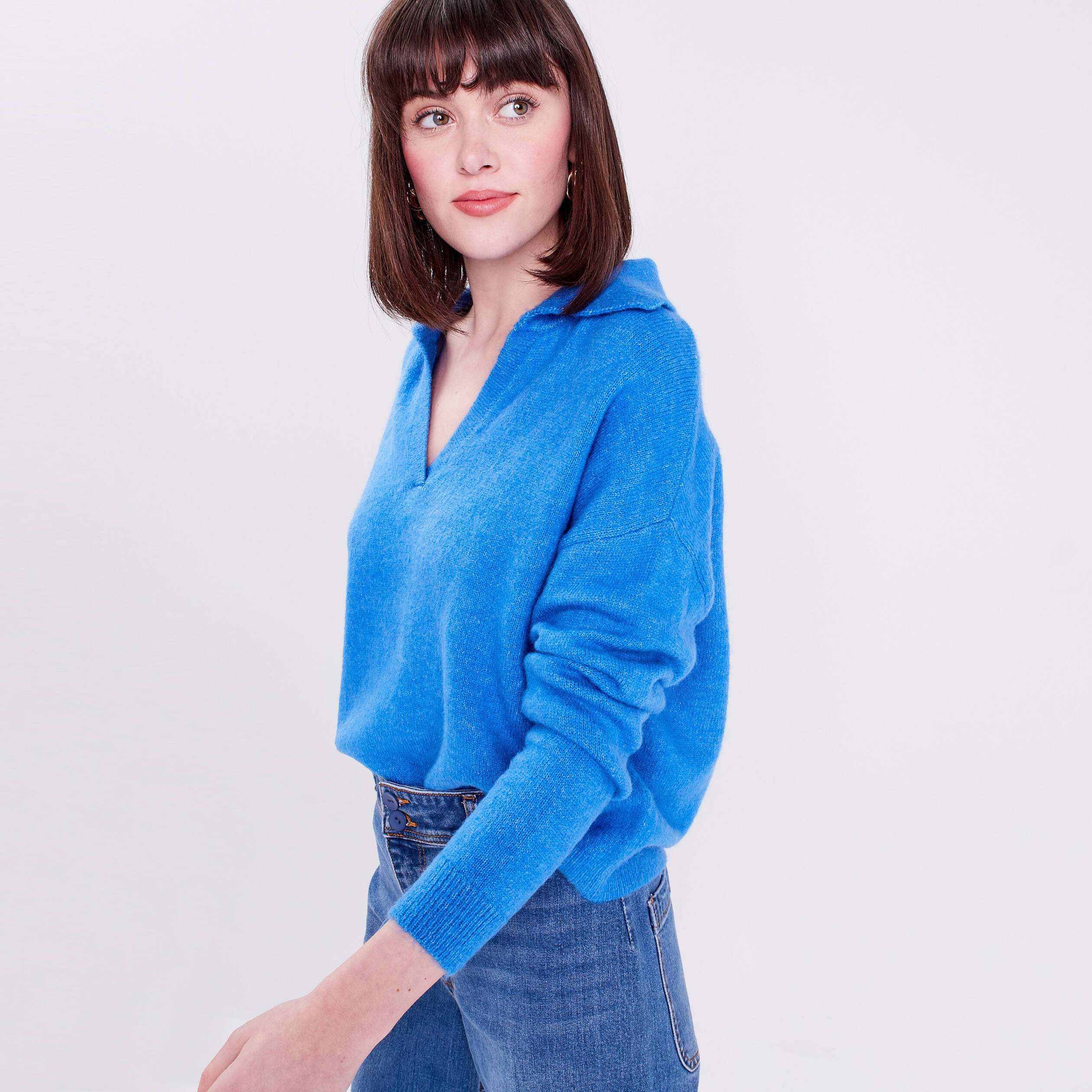 Pull avec col polo bleu femme | Vibs