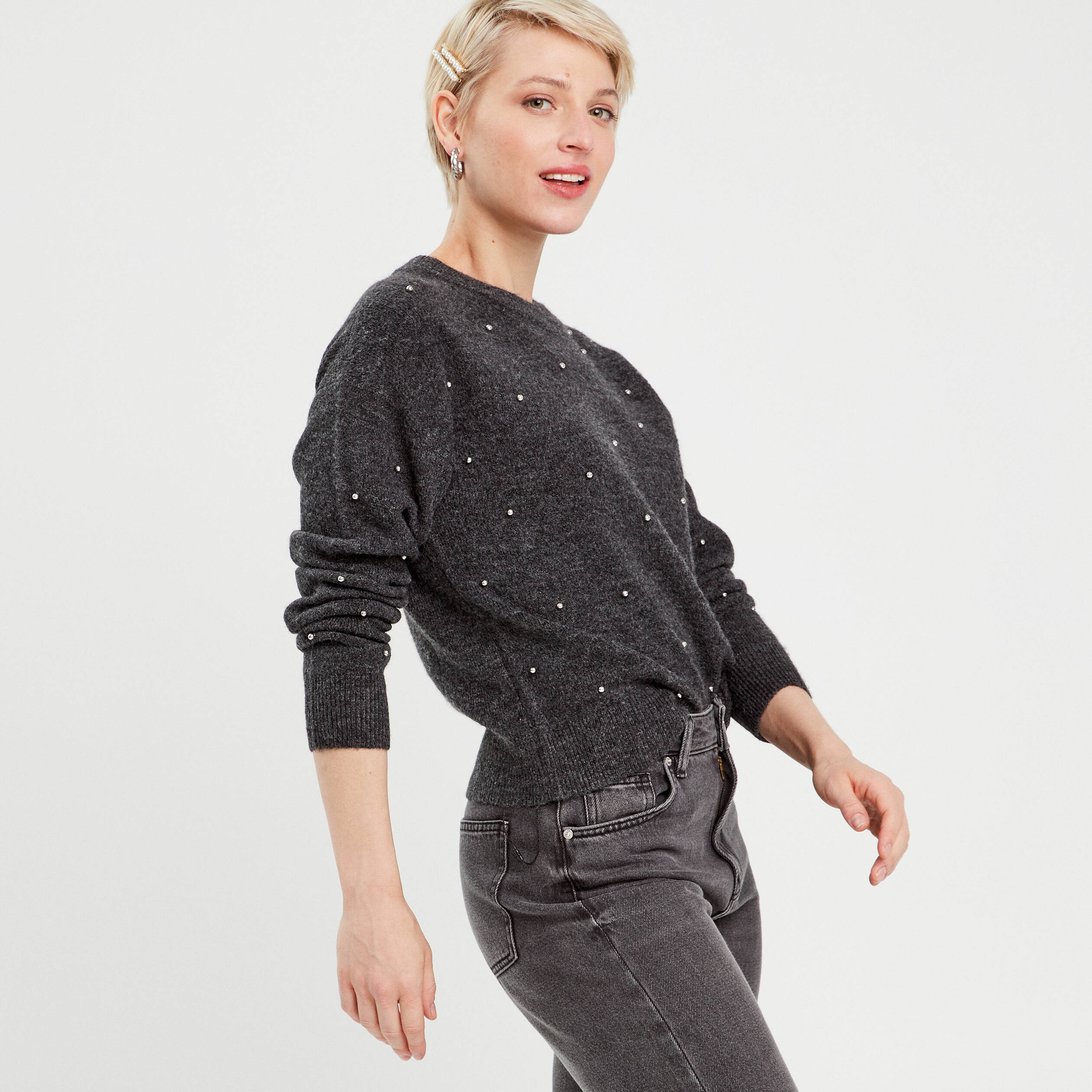 Pull col rond avec perles gris foncé femme | Vibs