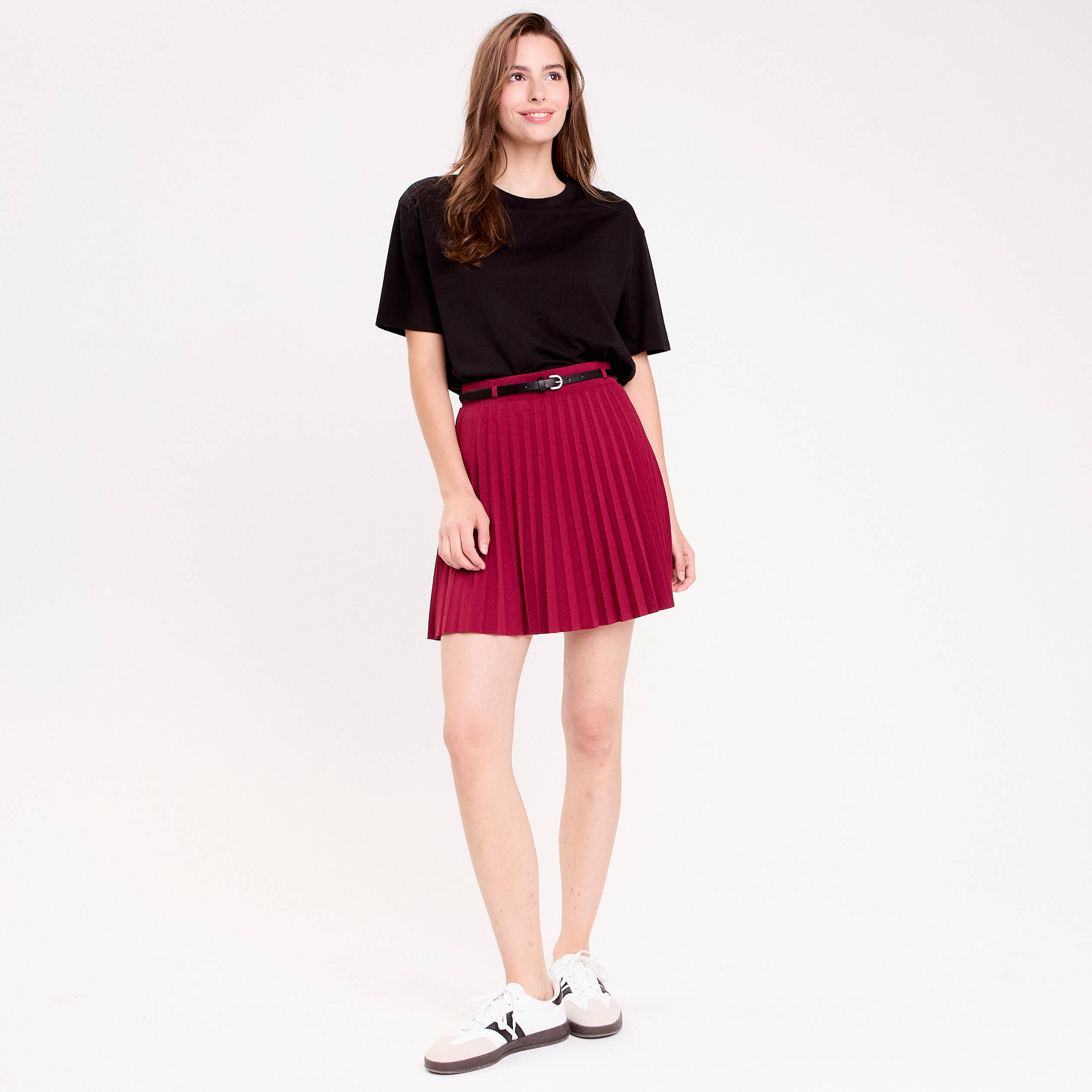 Jupe évasée plissée ceinturée rouge foncé femme | Vibs