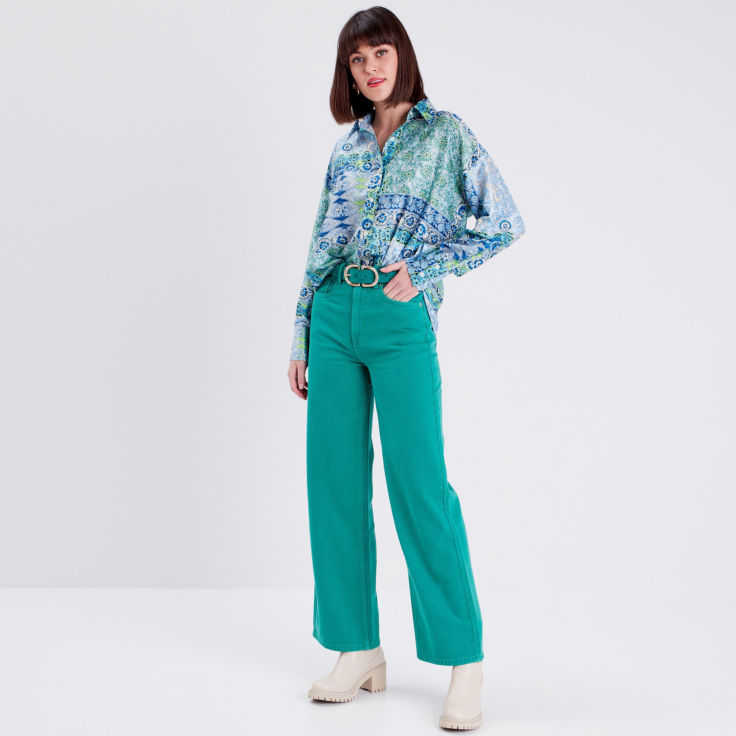 Jeans wide leg taille haute vert turquoise femme | Vibs