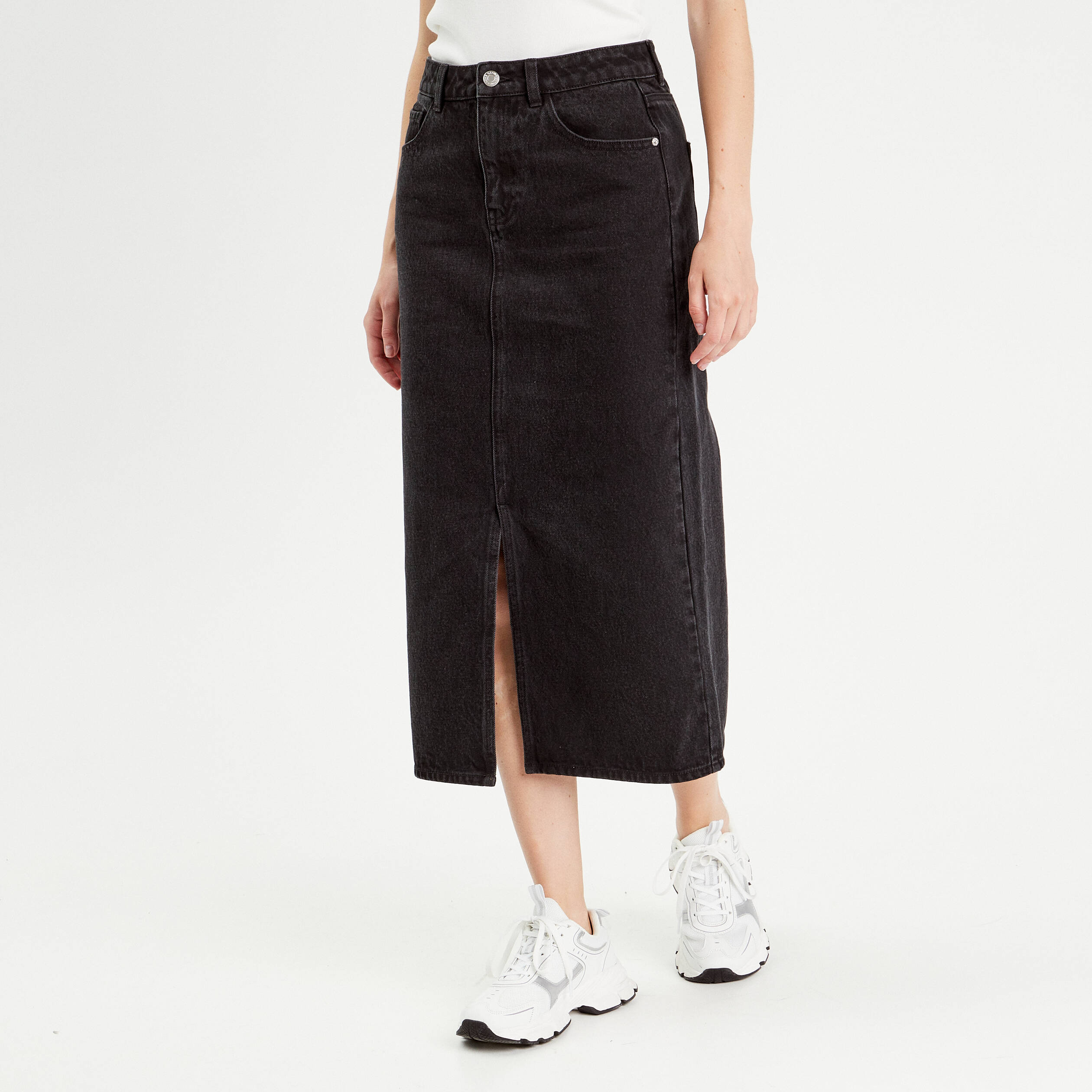 Jupe midi droite en jean noir femme | Vibs