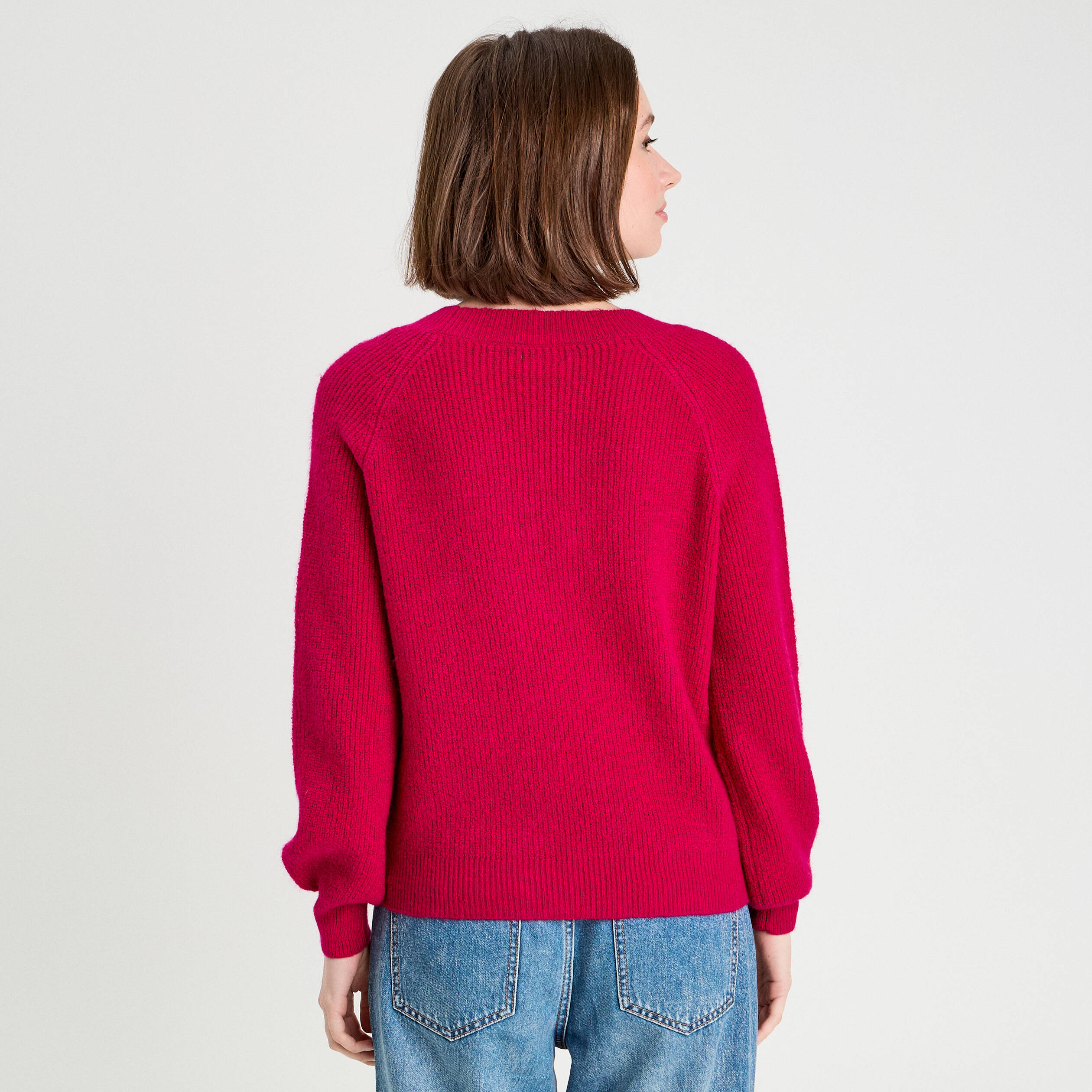 Pull avec col en V rose fushia femme | Vibs