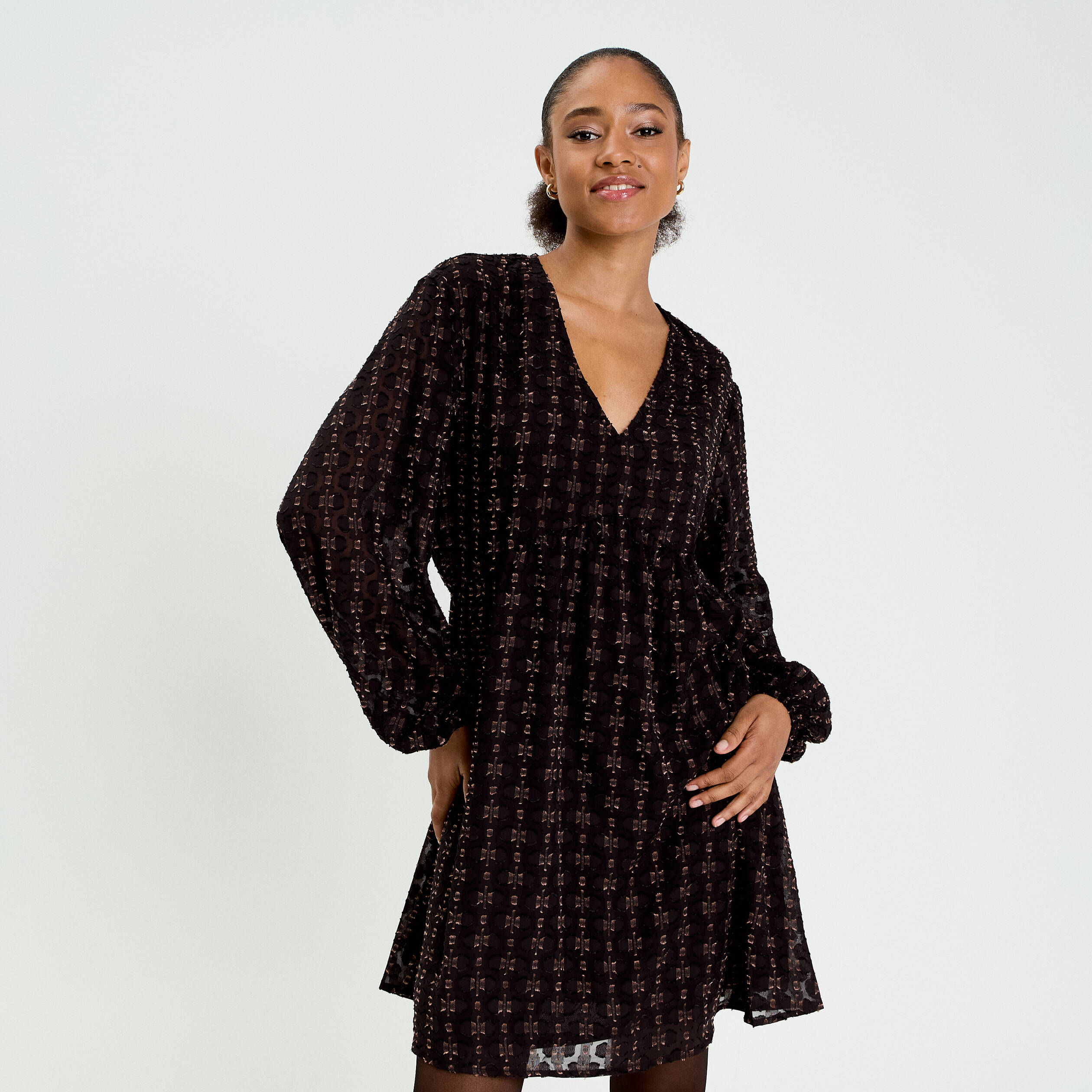 Robe en voile col V noir femme | Vibs