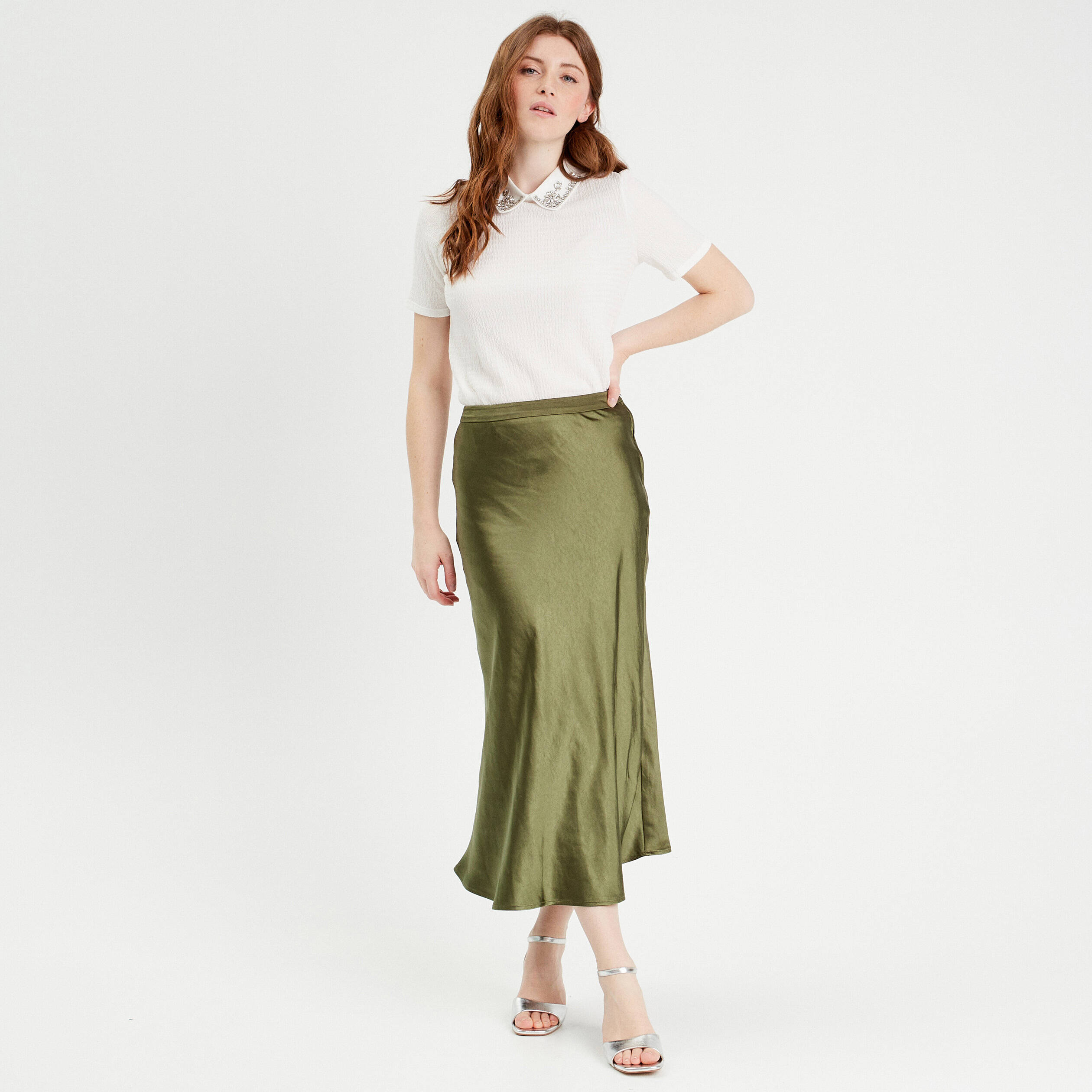 Jupe midi droite satin vert kaki femme | Vibs