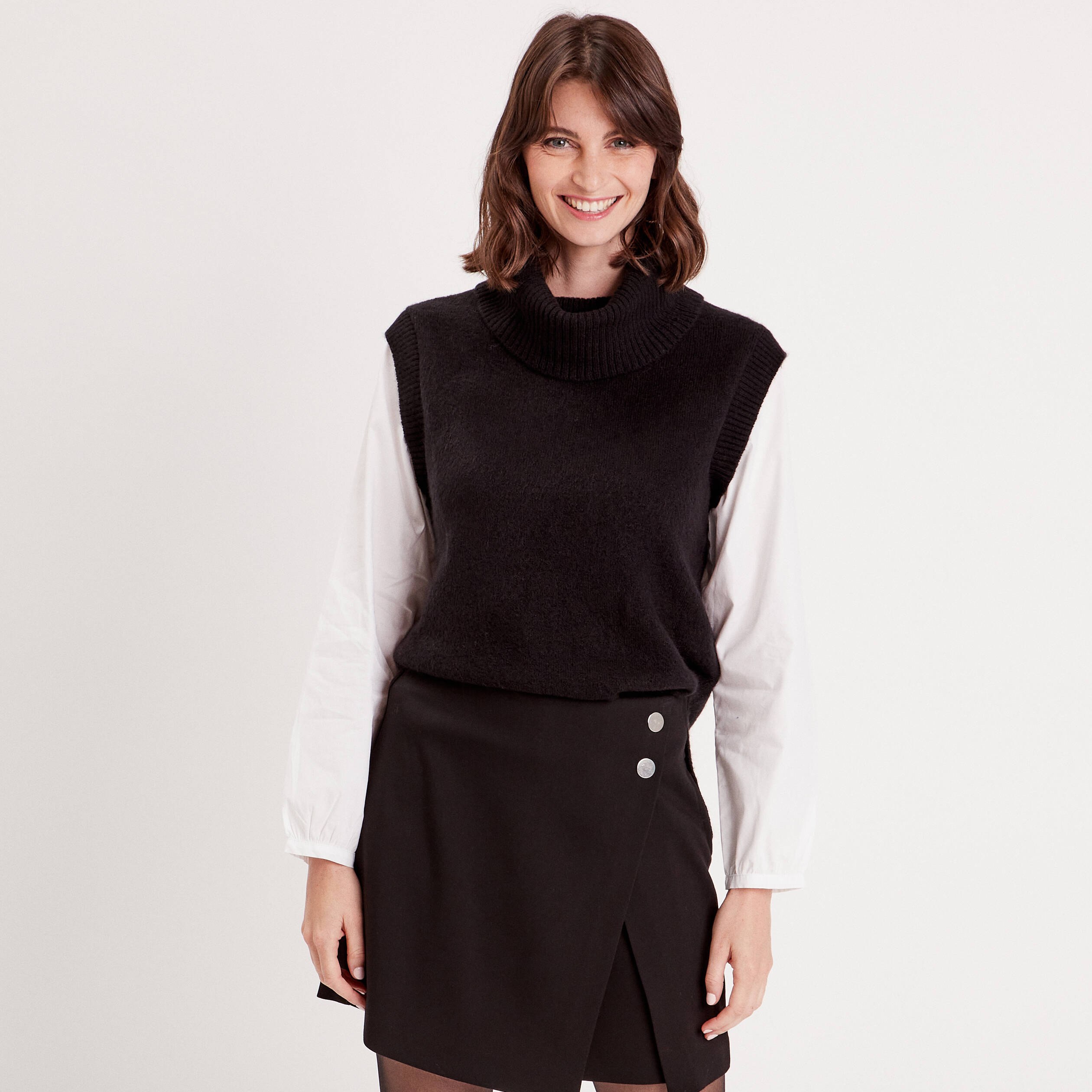 Pull 2-en-1 col roulé noir femme | Vibs