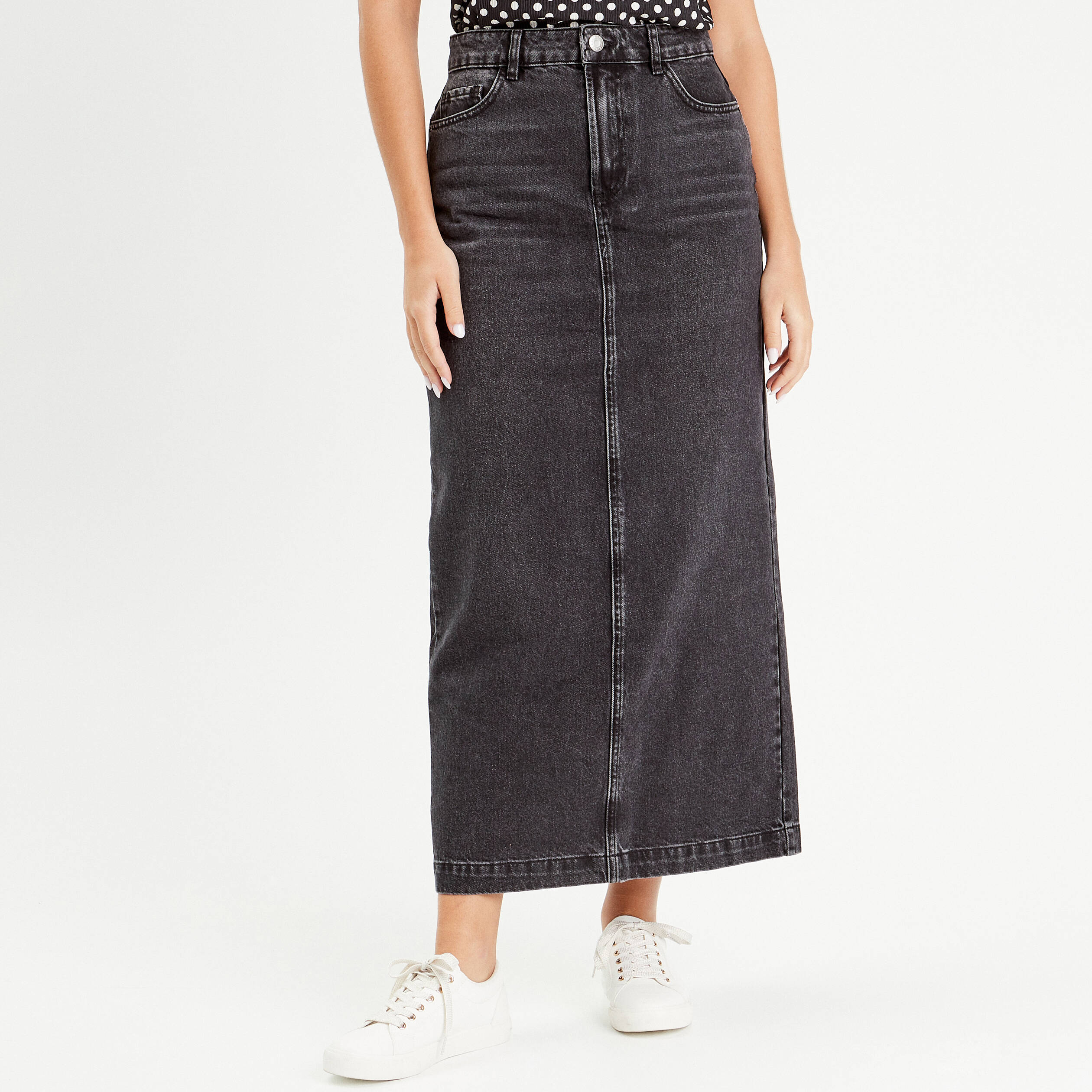 Jupe longue droite en jean denim noir femme | Vibs