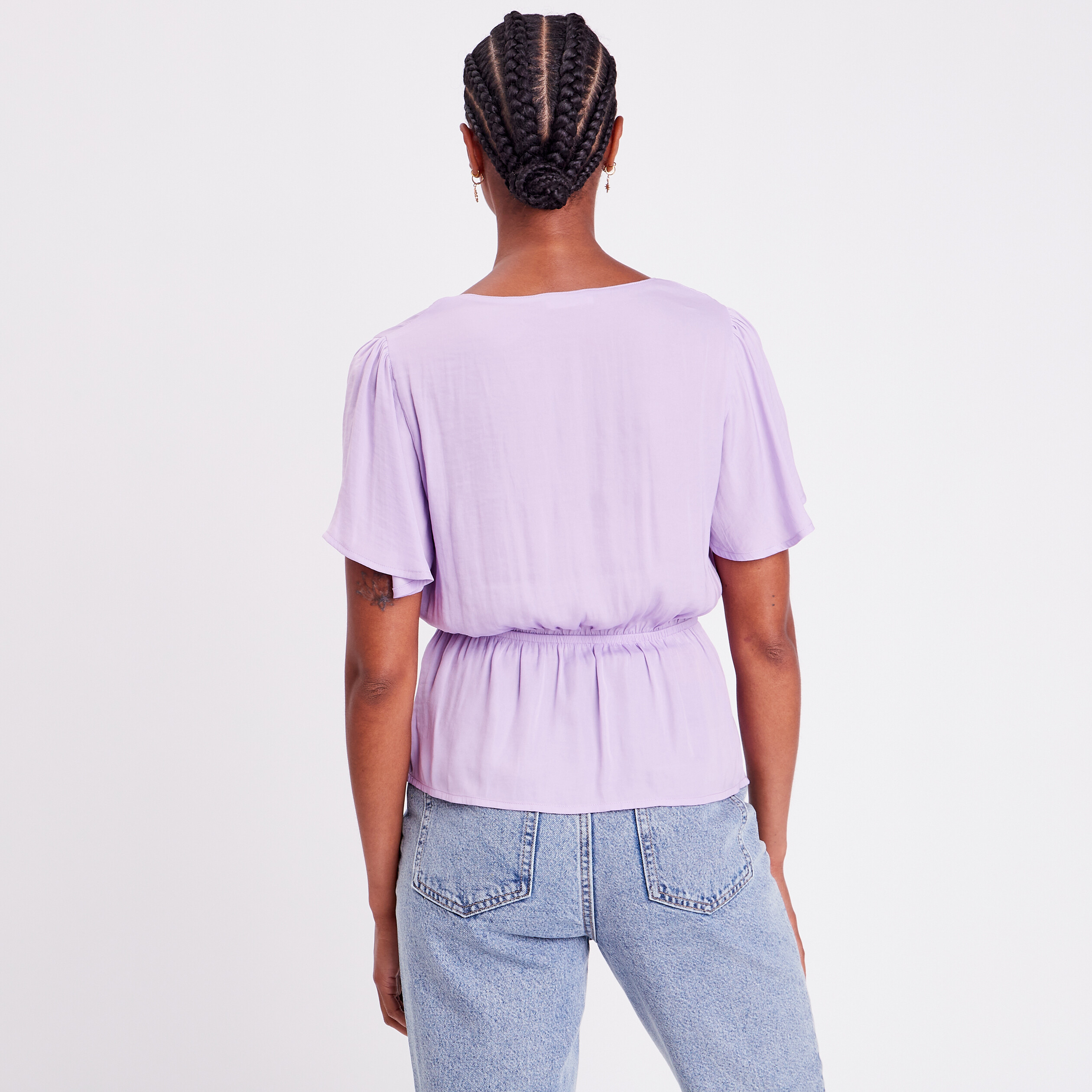 Blouse manches courtes satin violet femme | Vibs