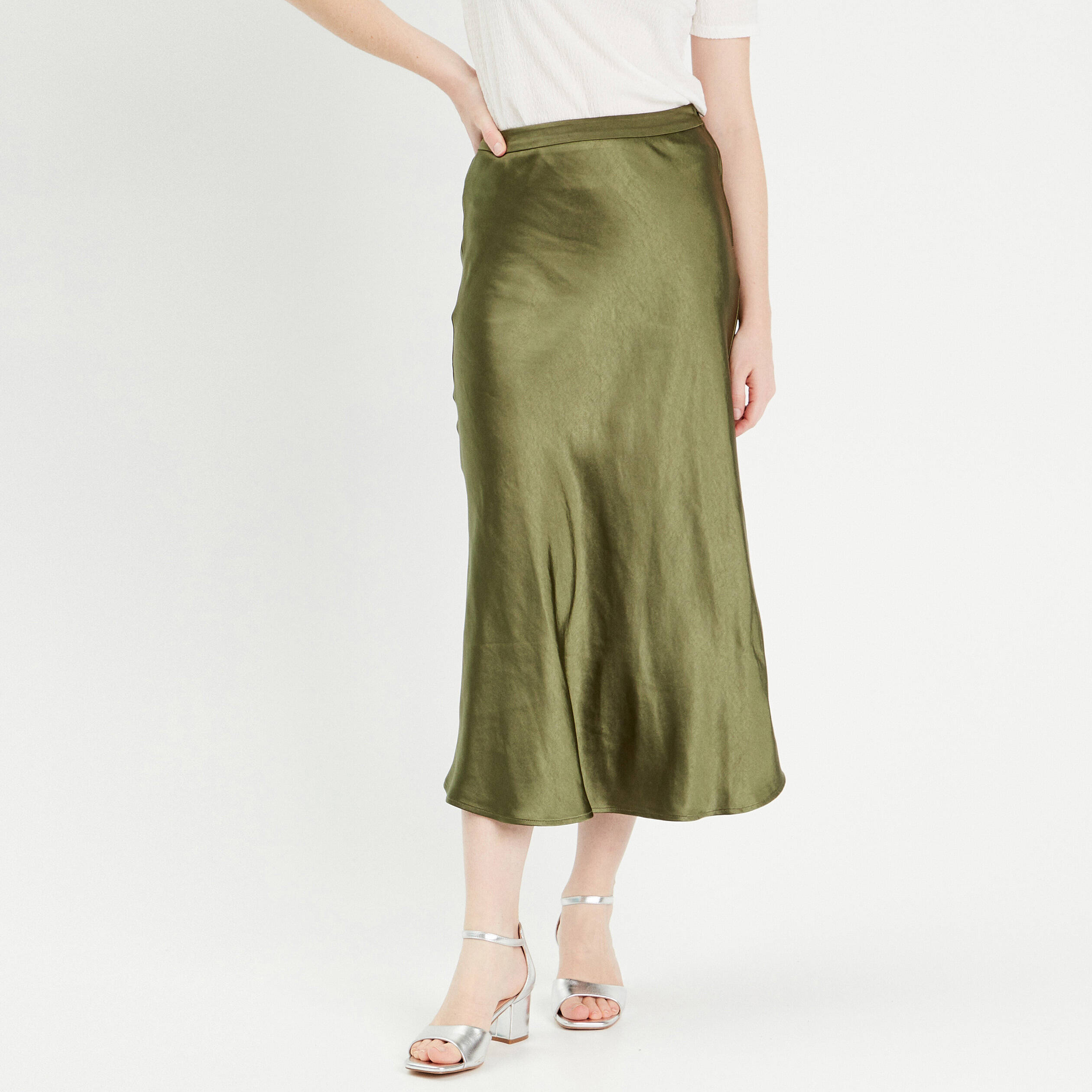 Jupe midi droite satin vert kaki femme | Vibs