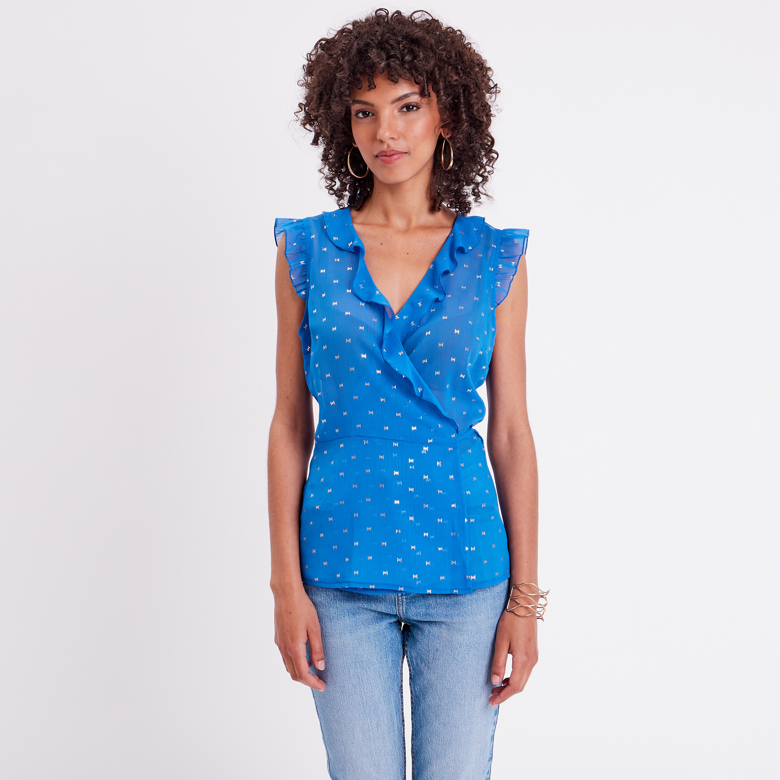 Blouse col cache-coeur bleu roi femme | Vibs
