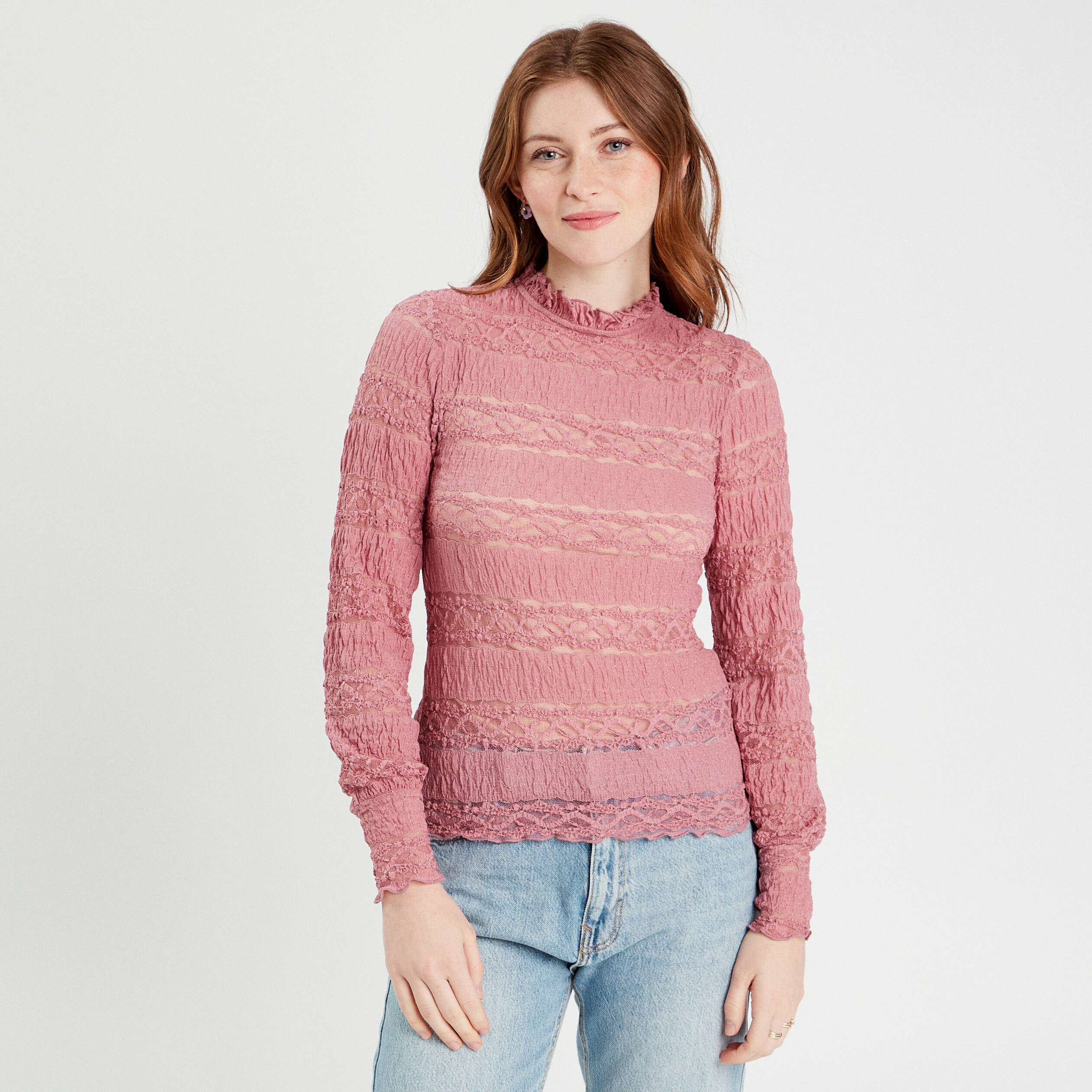 Blouse dentelle col montant vieux rose femme | Vibs