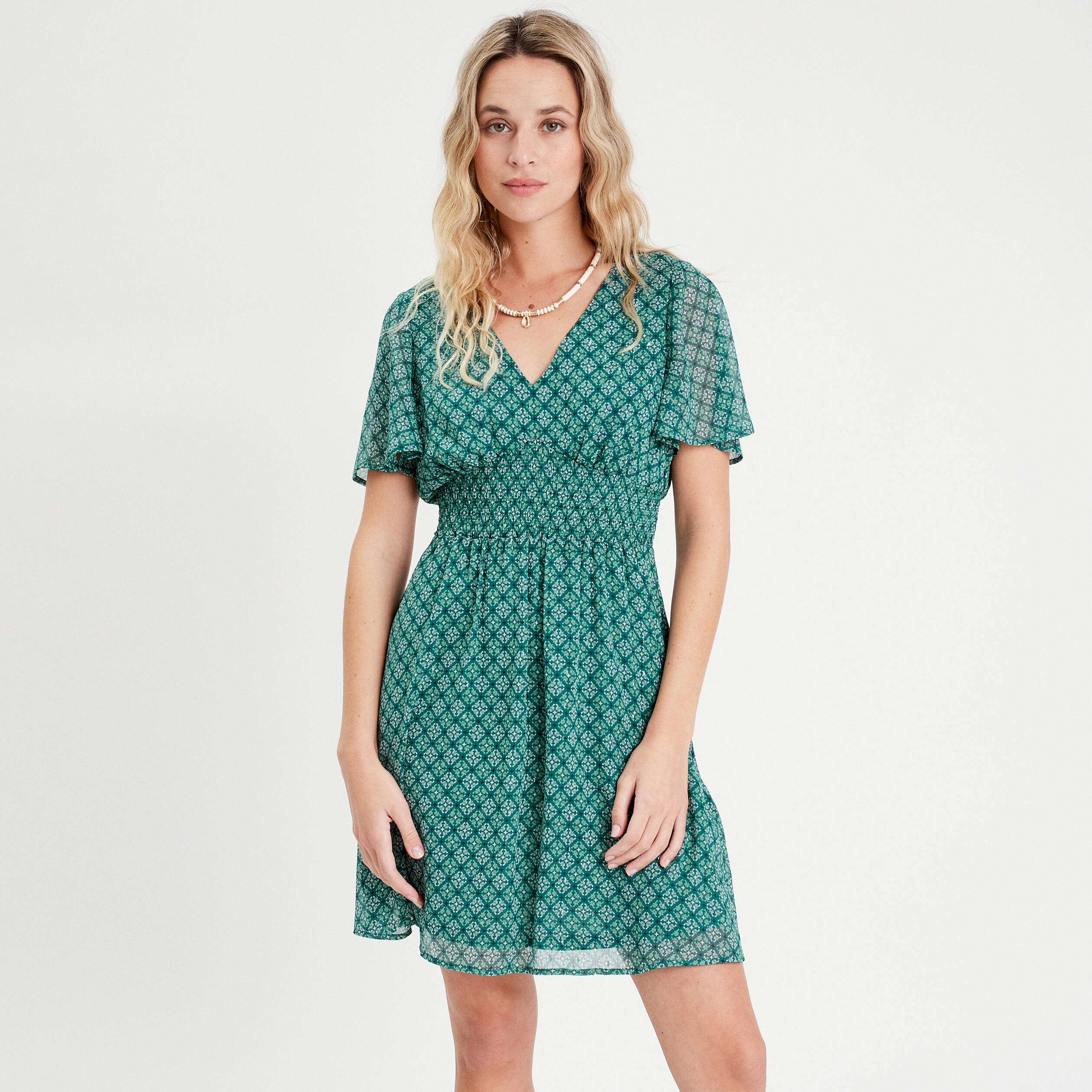 Robe évasée manches courtes vert femme | Vibs