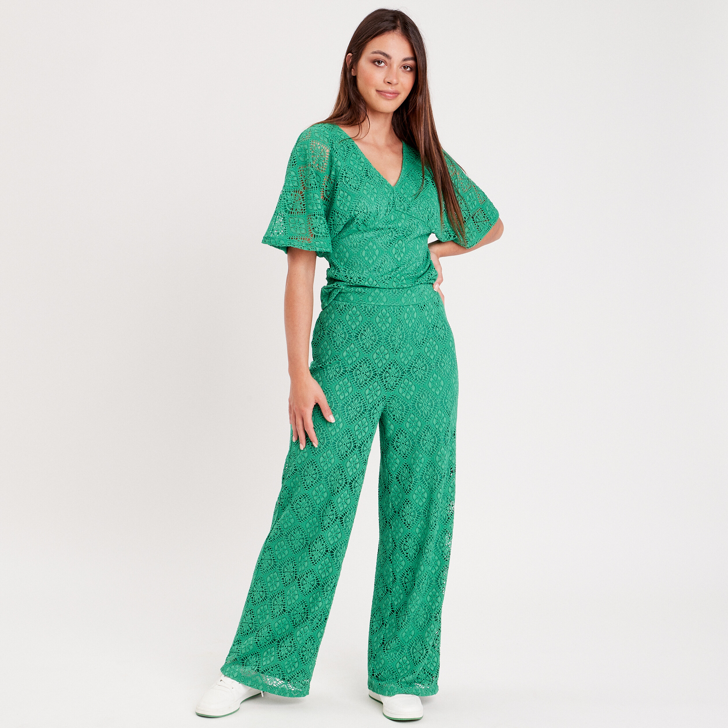 Pantalon large aspect crochet vert émeraude femme | Vibs