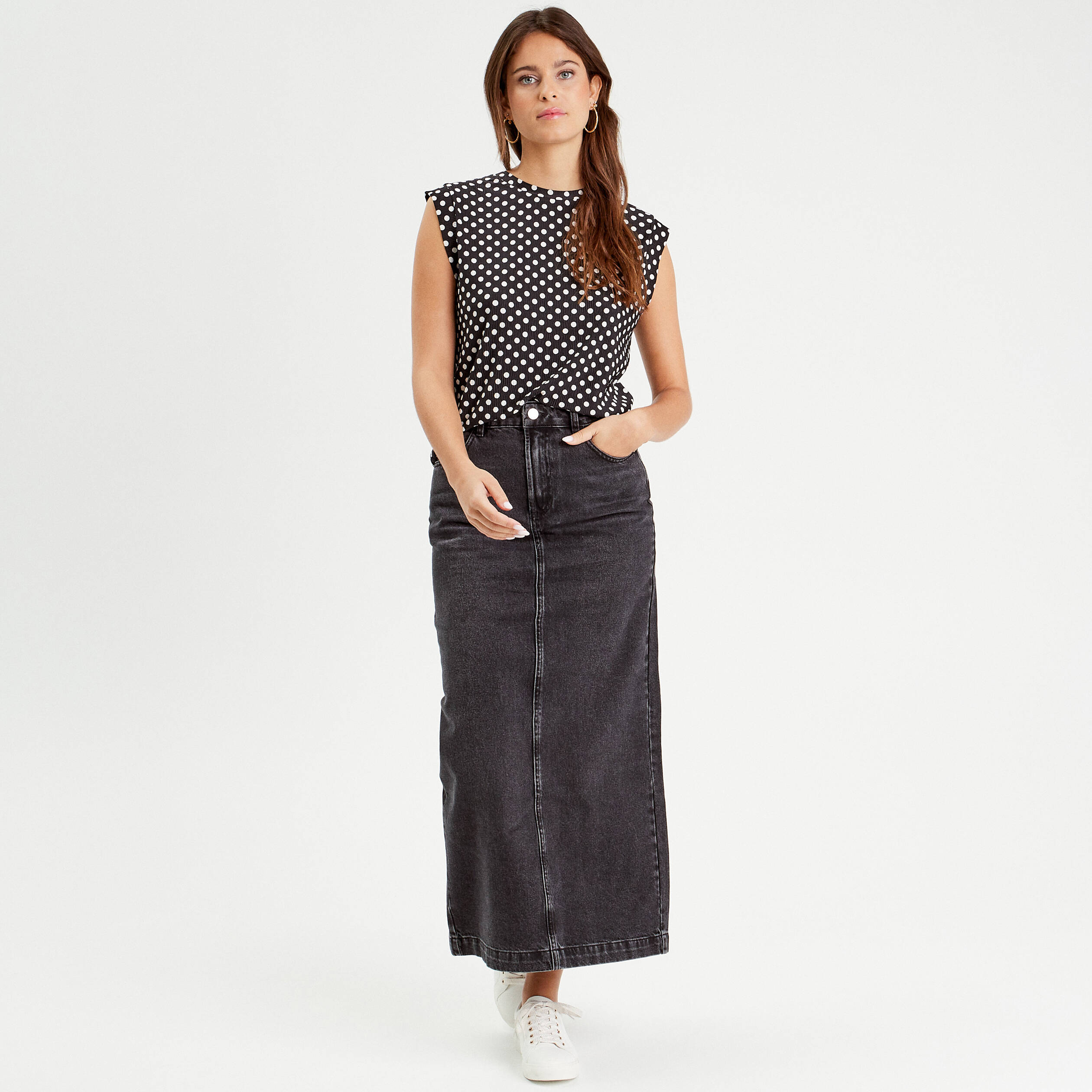 Jupe longue droite en jean denim noir femme | Vibs