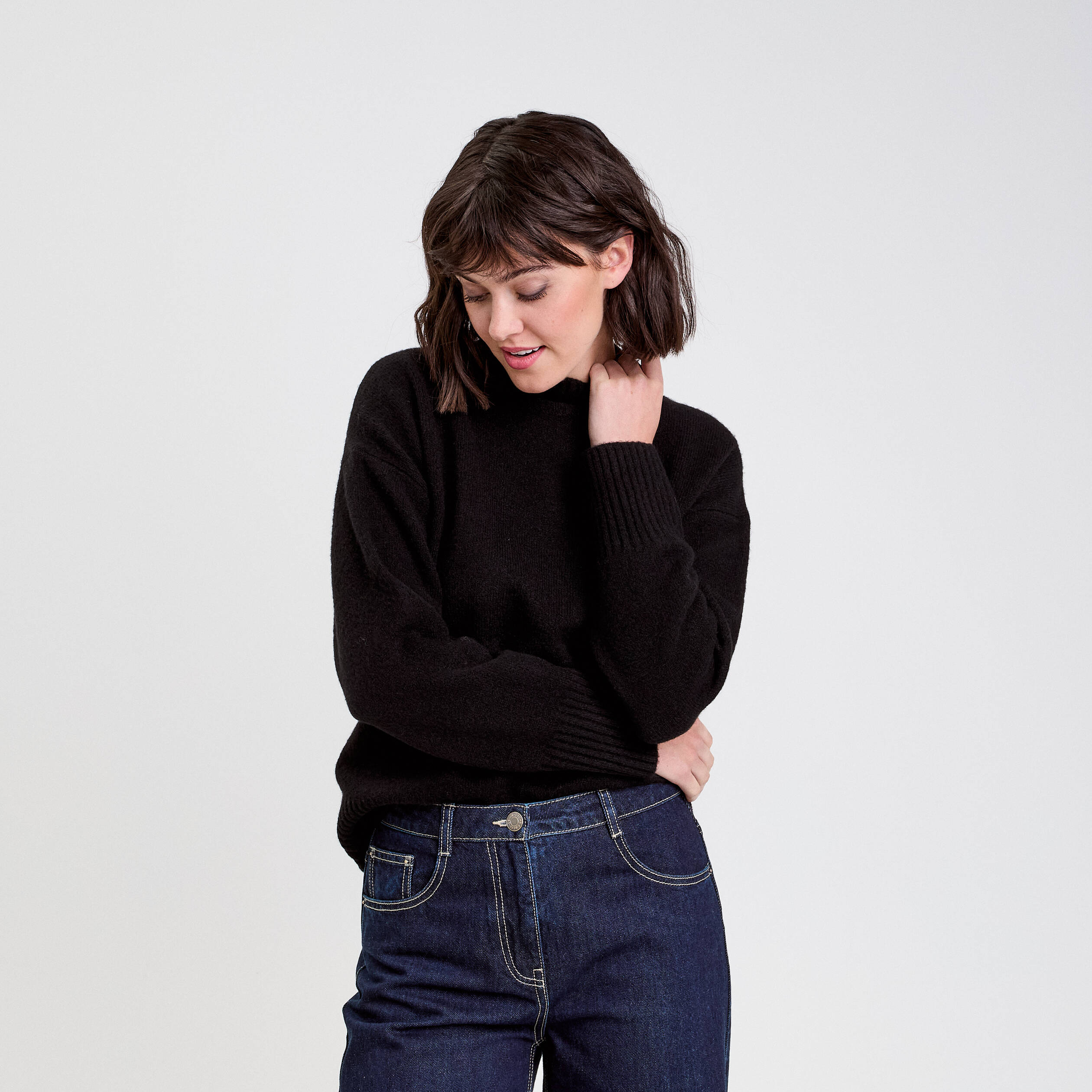 Pull col roulé manches longues noir femme | Vibs