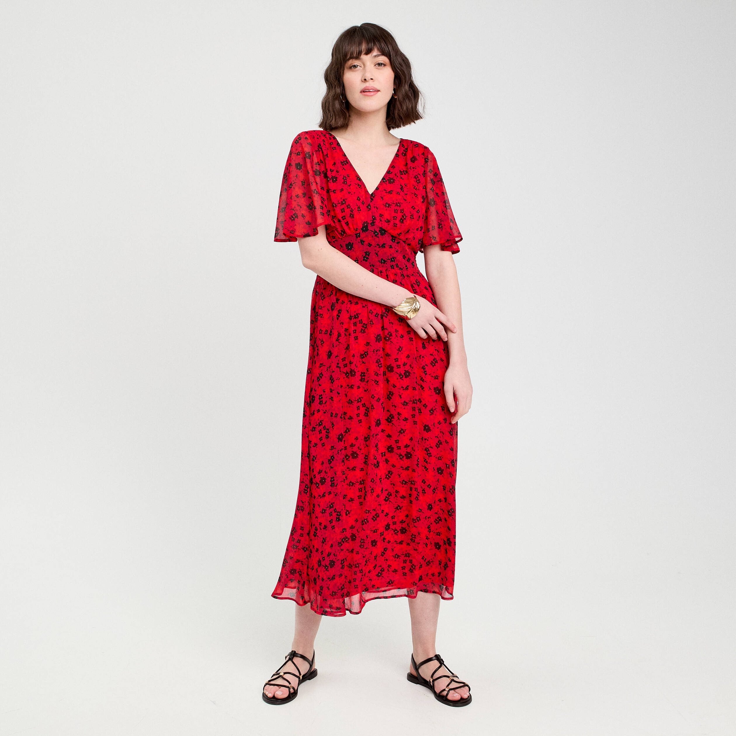 Robe longue évasée col en V rouge femme | Vibs