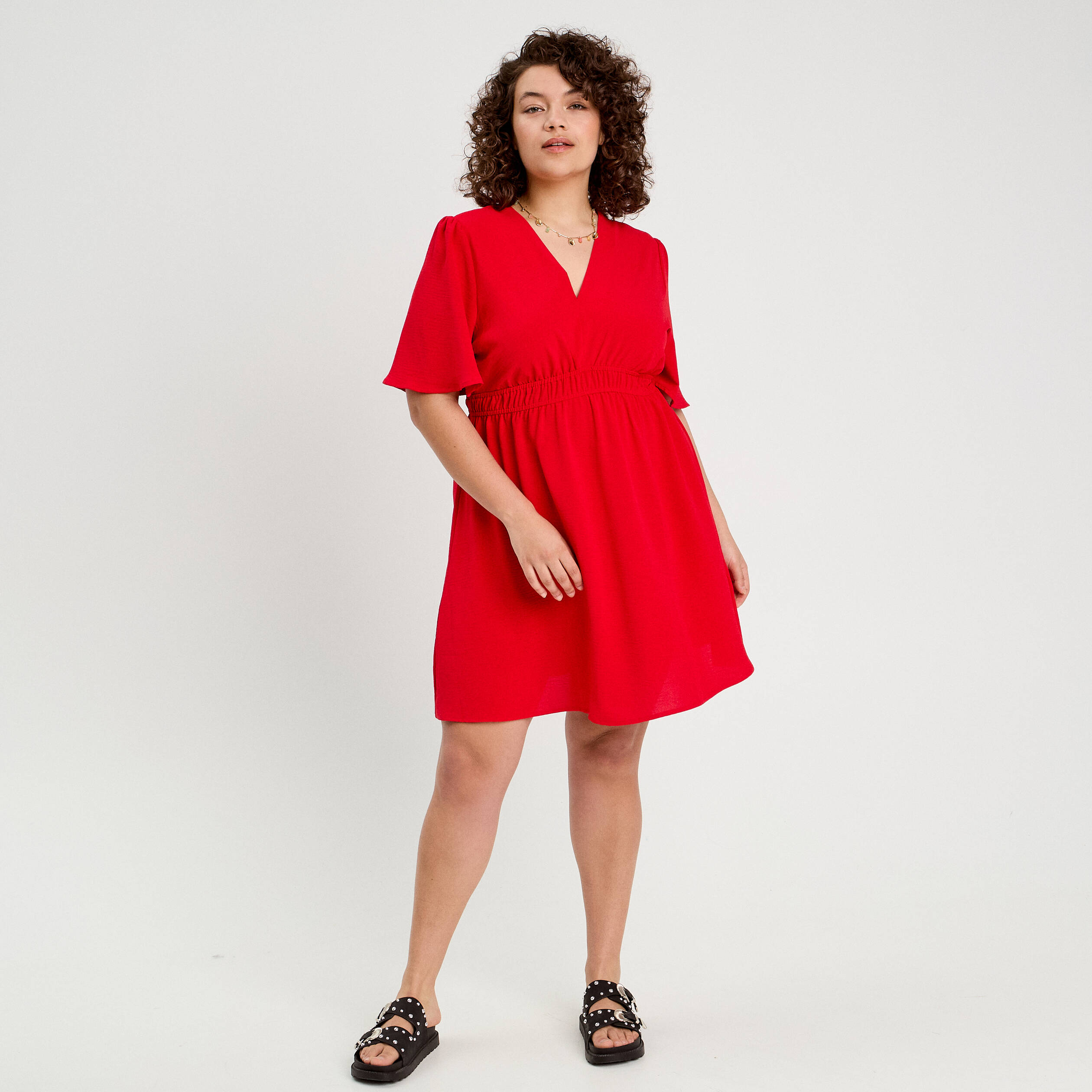 Robe évasée taille élastiquée rouge femme | Vibs