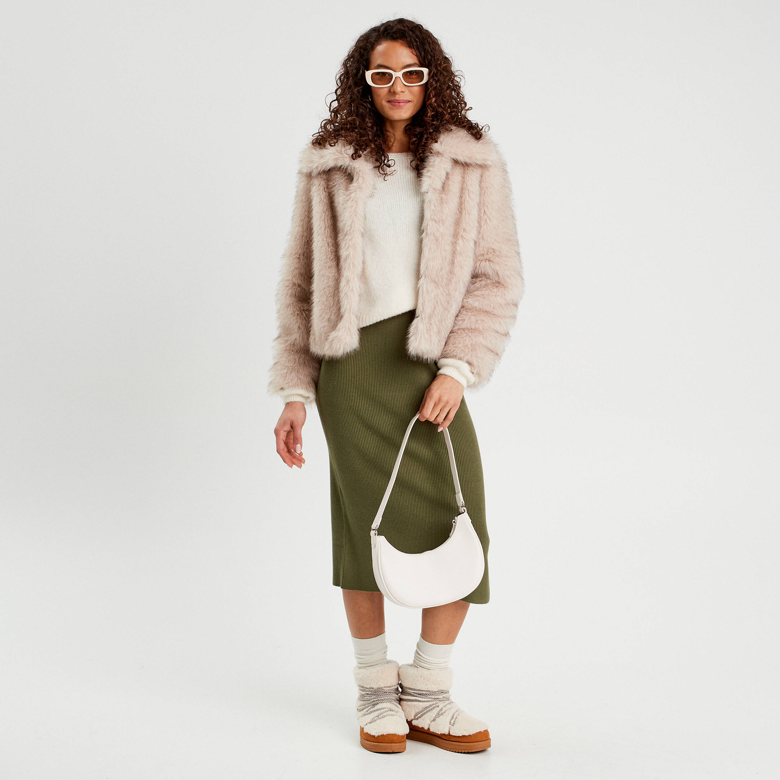 Jupe tricot midi droite vert kaki femme | Vibs