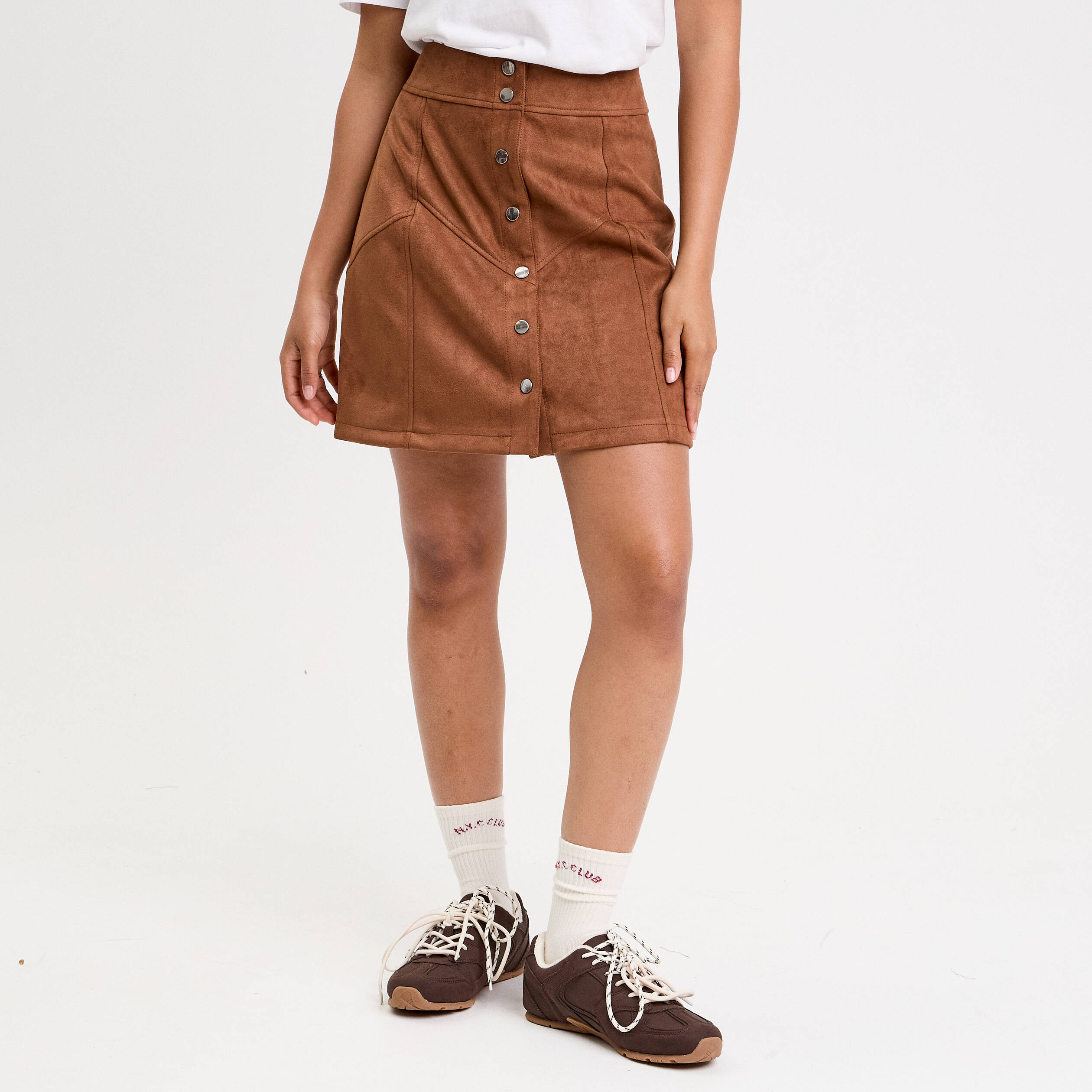 Jupe trapèze courte aspect daim marron femme | Vibs