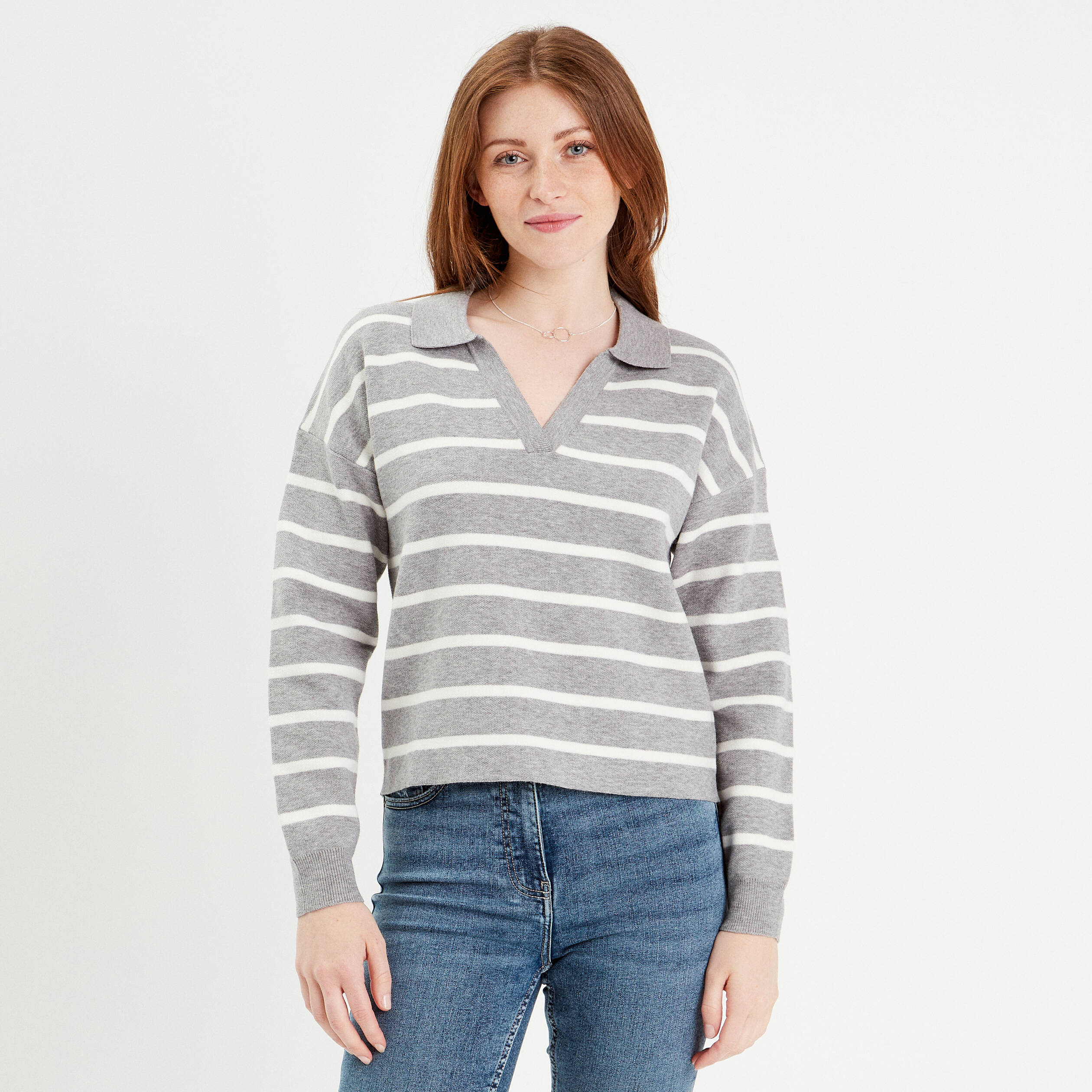 Pull manches longues col polo gris clair femme | Vibs