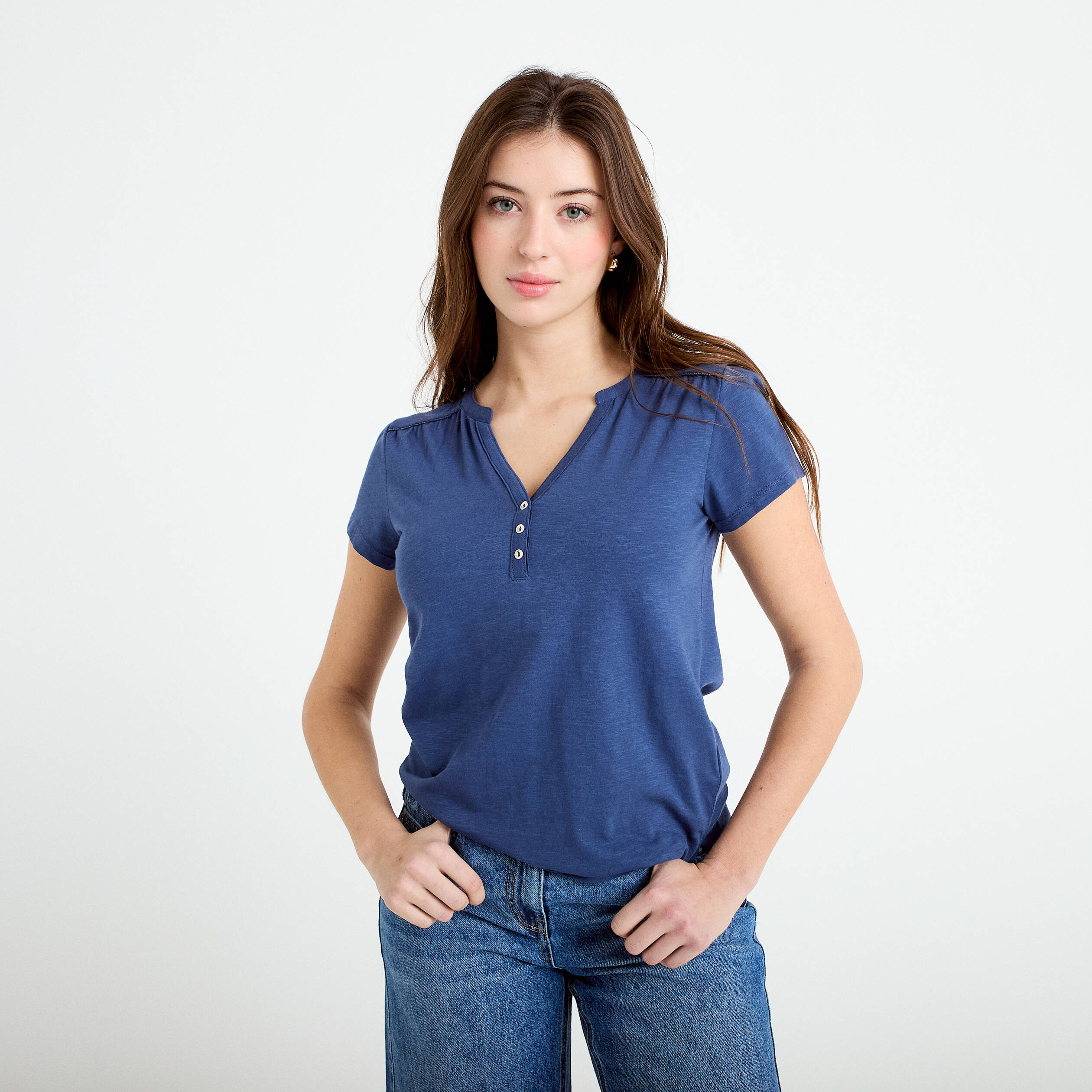T-shirt boutonné sur le devant bleu foncé femme | Vibs
