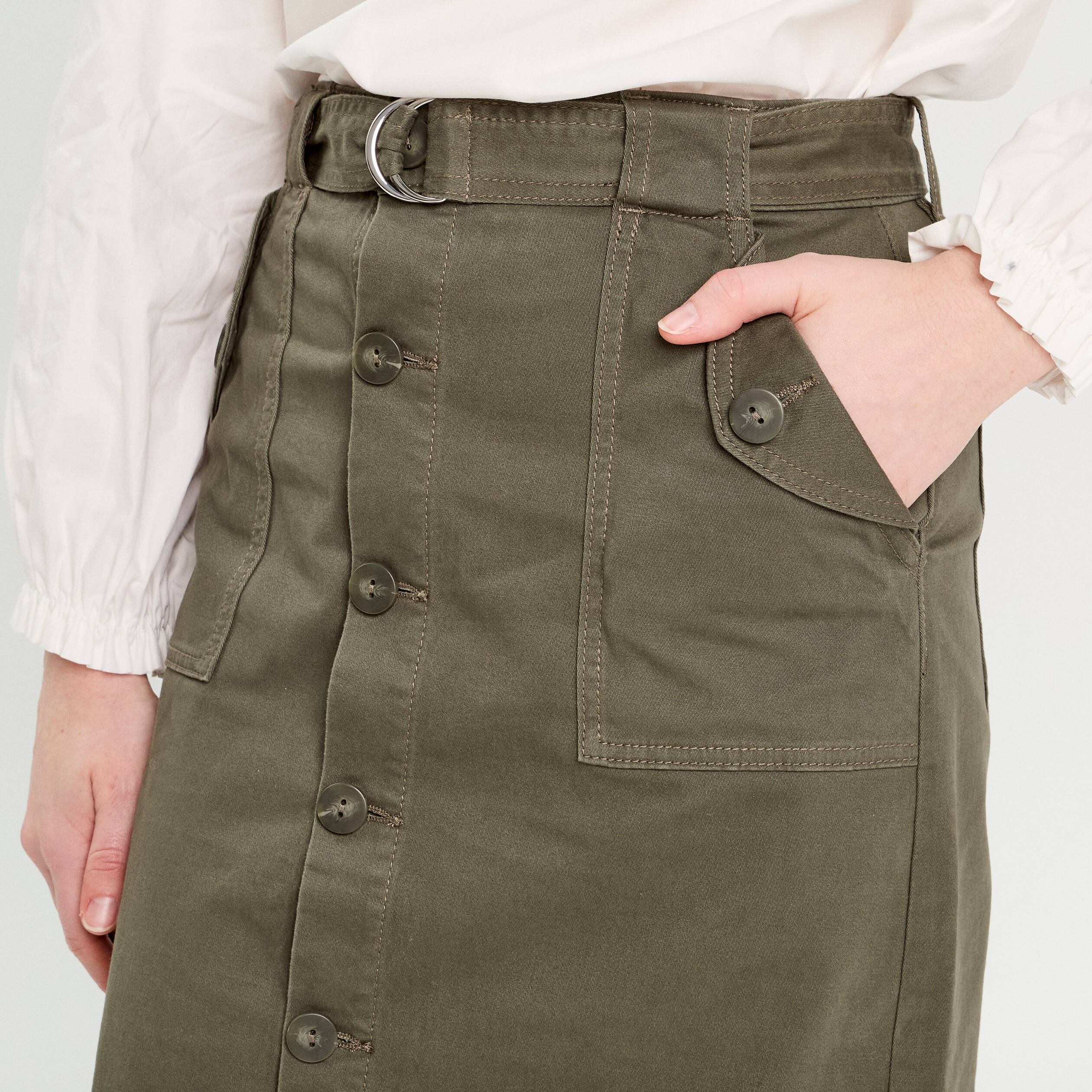 Jupe midi droite ceinturée vert kaki femme | Vibs