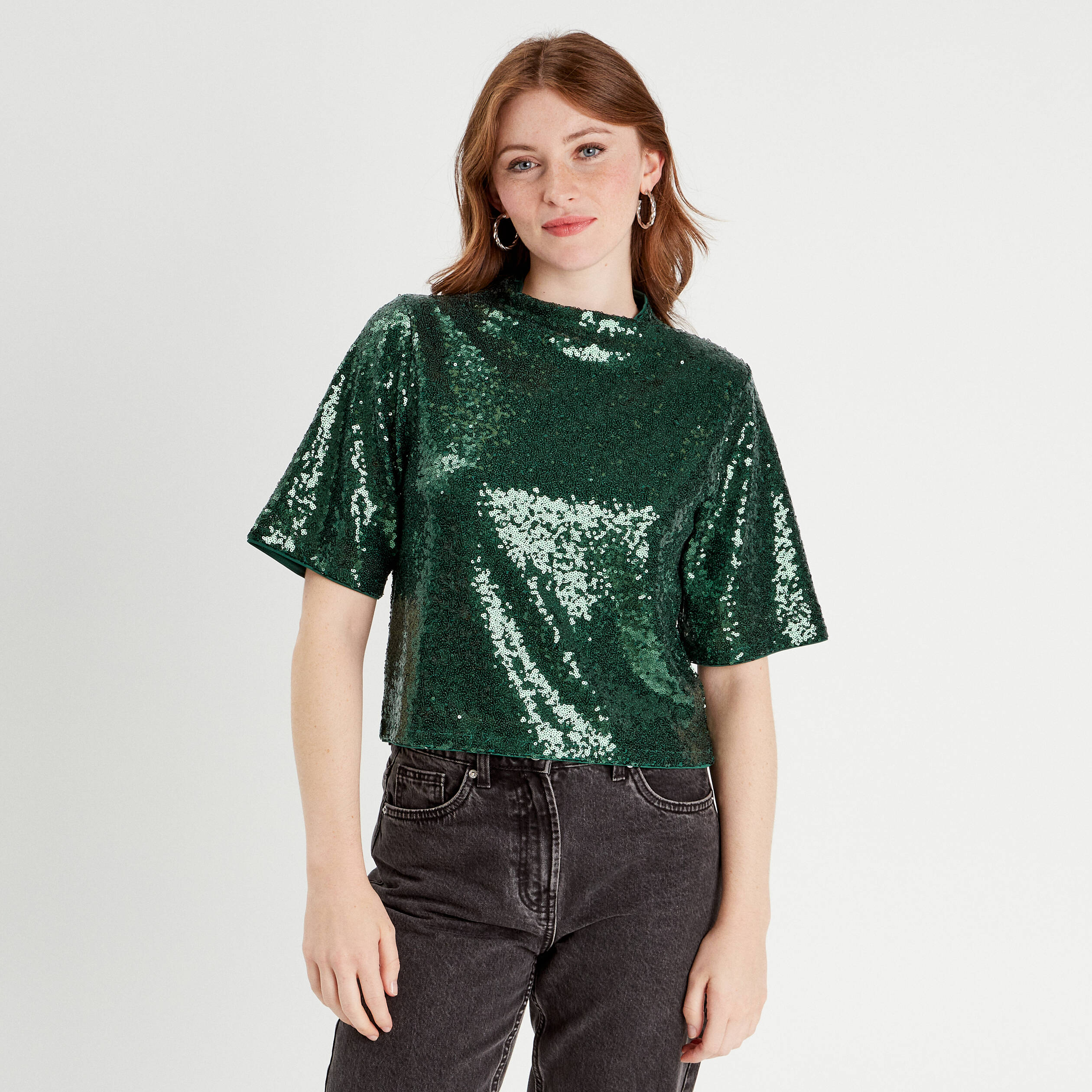 T-shirt sequins col montant vert foncé femme | Vibs