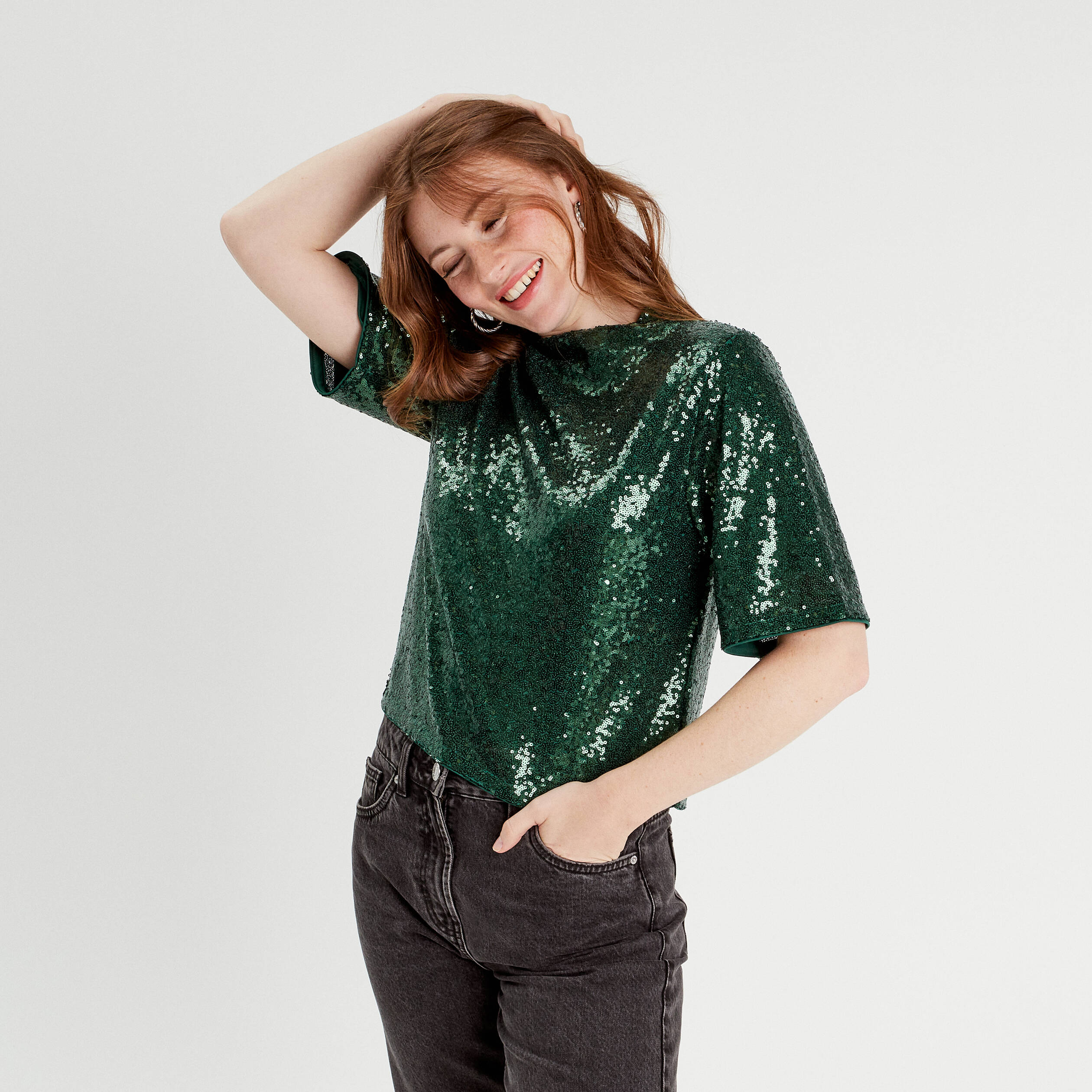 T-shirt sequins col montant vert foncé femme | Vibs