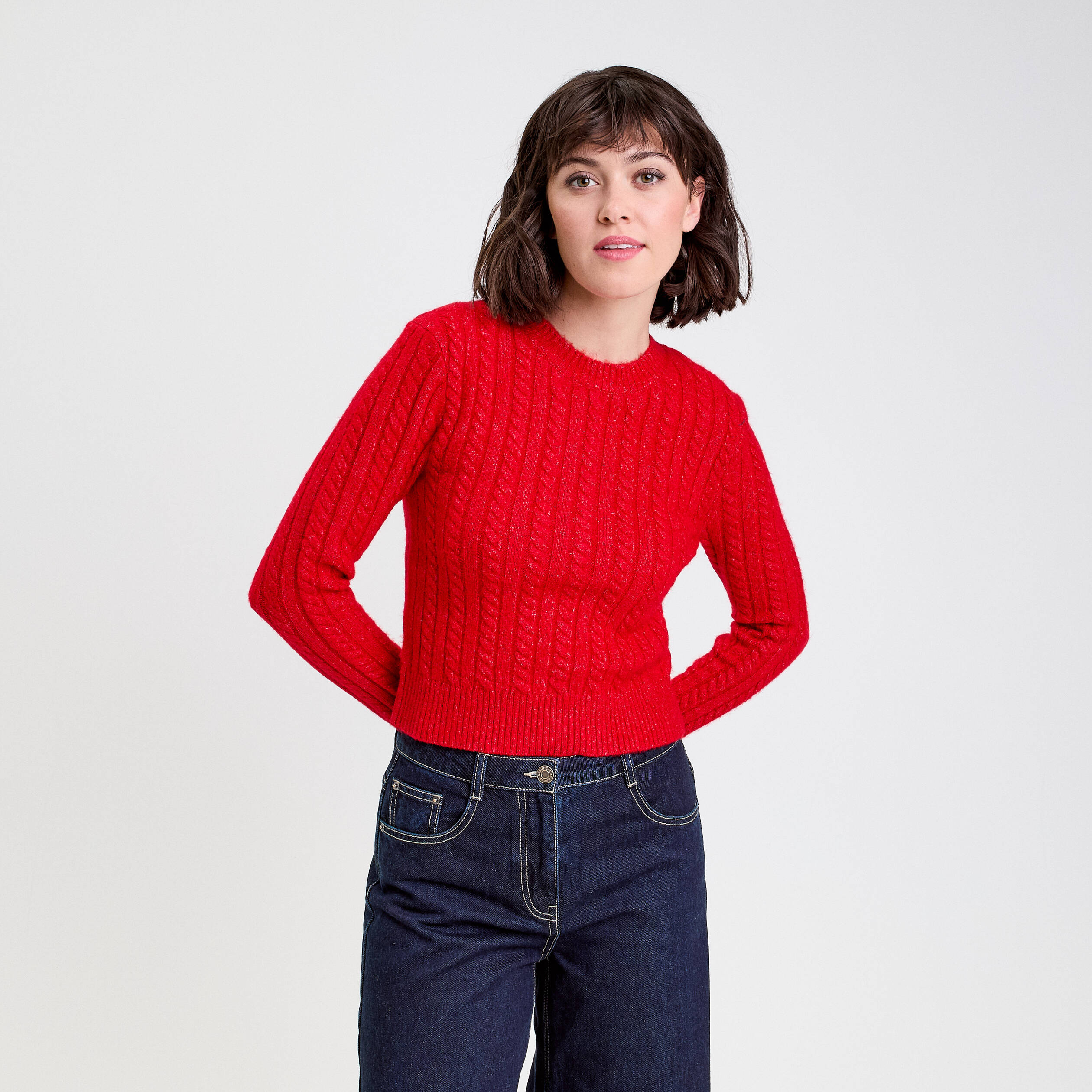 Pull ajusté col rond manches longues rouge femme | Vibs