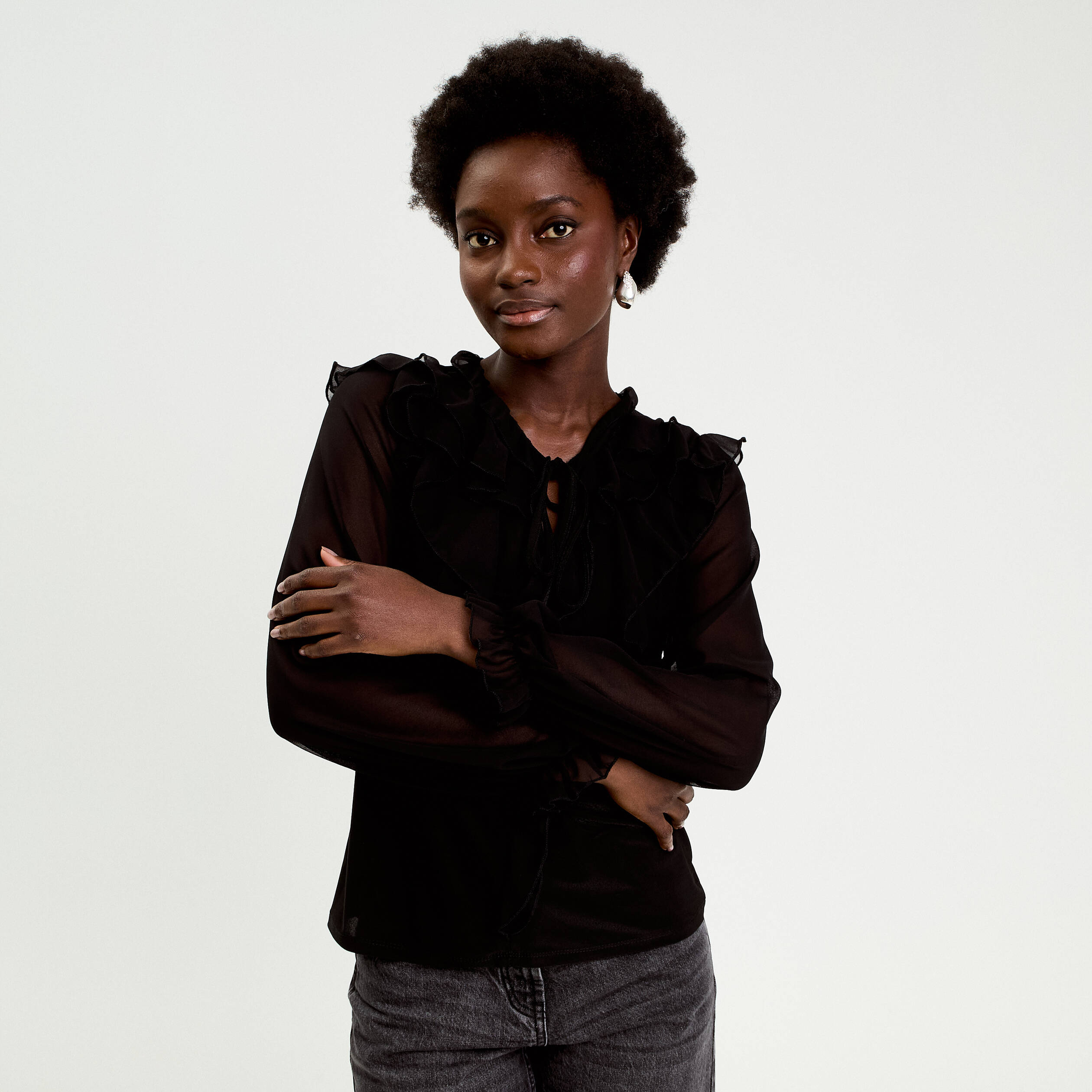 Blouse col v manches longues noir femme | Vibs