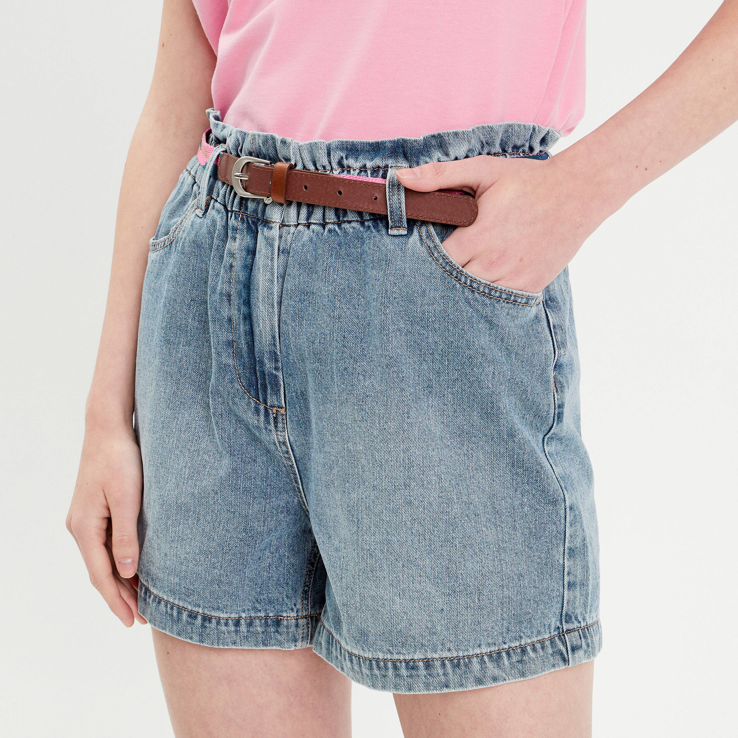 Short slouchy ceinturé en jean denim stone femme | Vibs