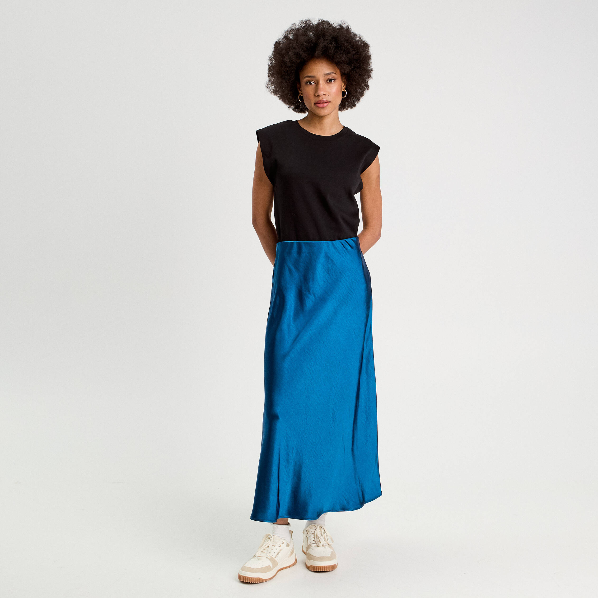 Jupe midi droite effet satin bleu marine femme | Vibs