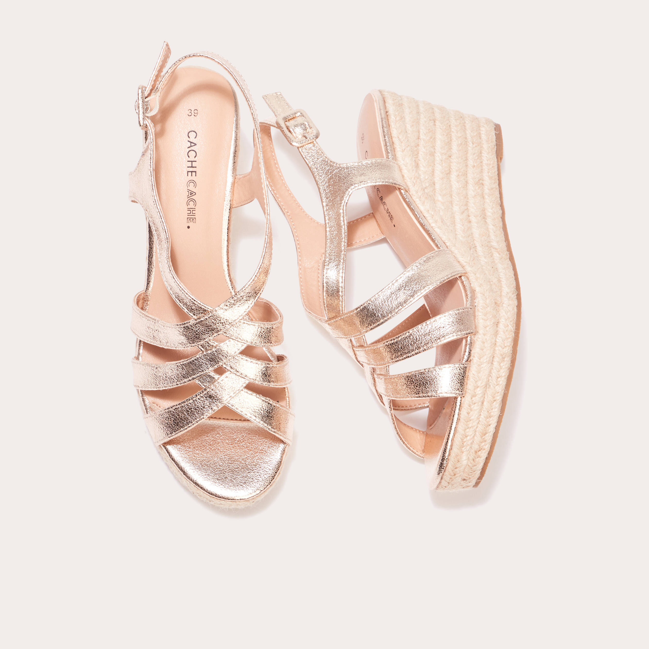 Sandales compensées corde couleur or femme | Vibs