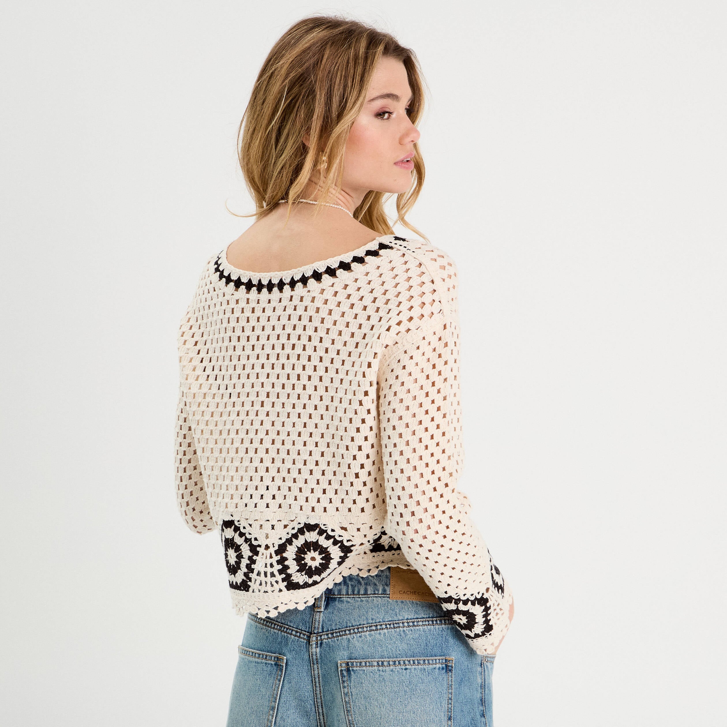 Pull effet crochet beige femme | Vibs