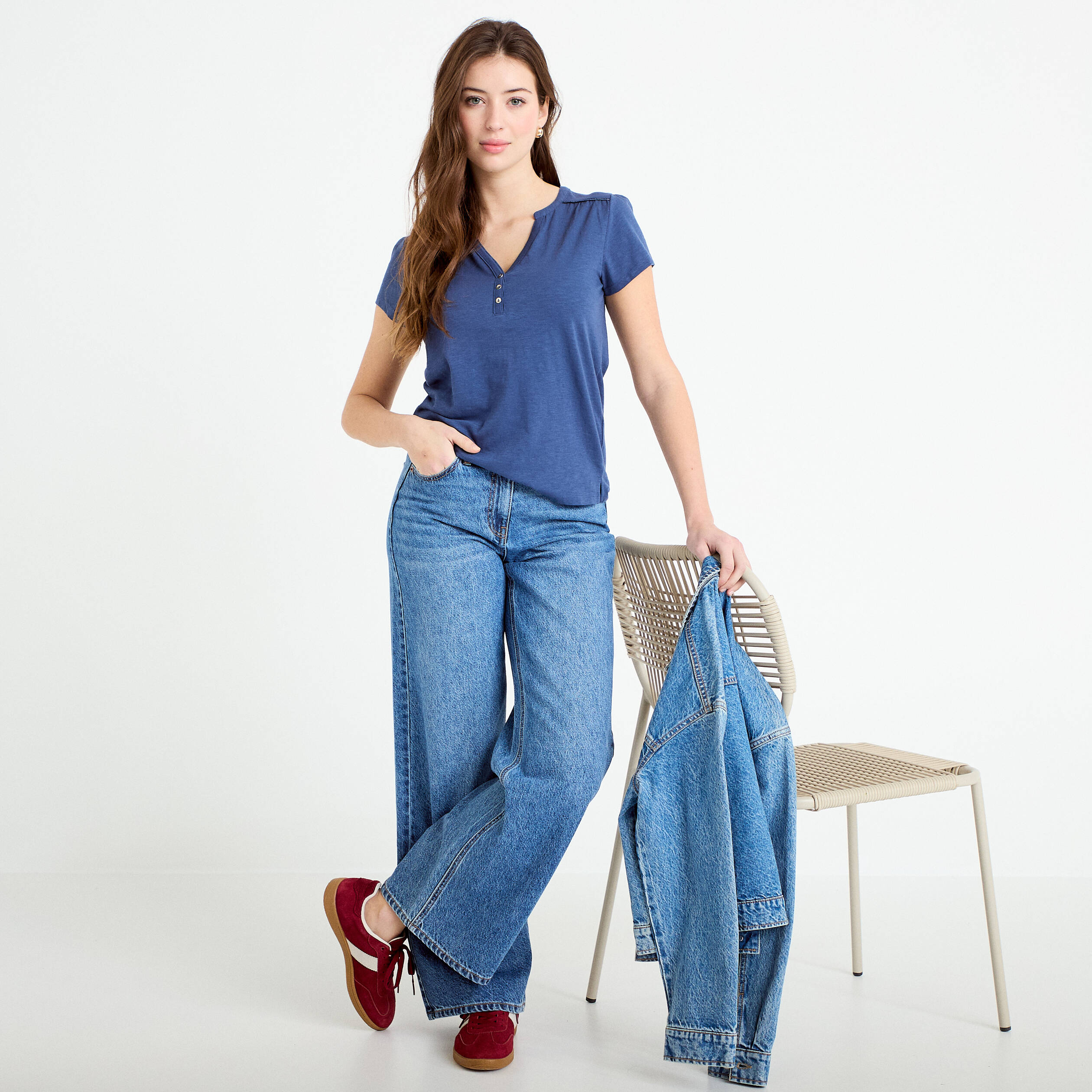 T-shirt boutonné sur le devant bleu foncé femme | Vibs