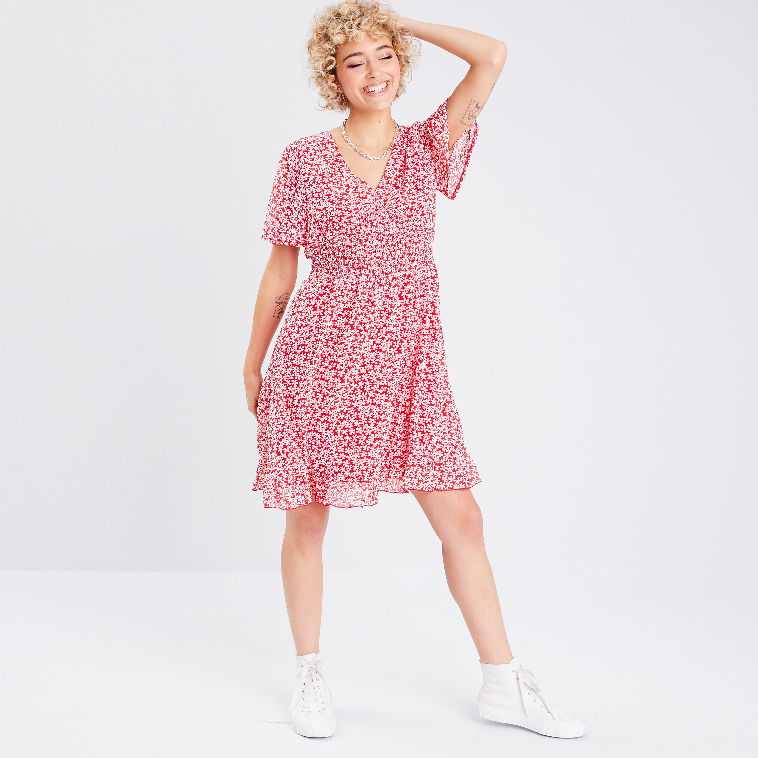 Robe évasée manches courtes rouge femme | Vibs