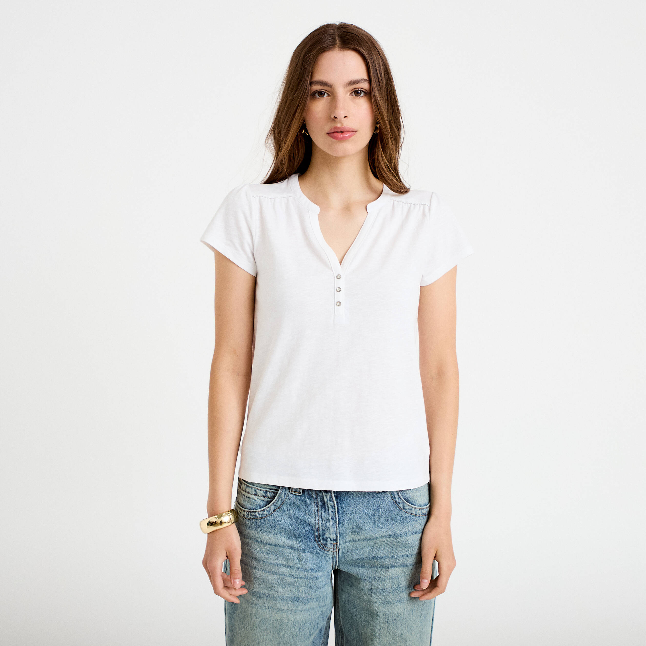 T-shirt boutonné sur le devant blanc femme | Vibs