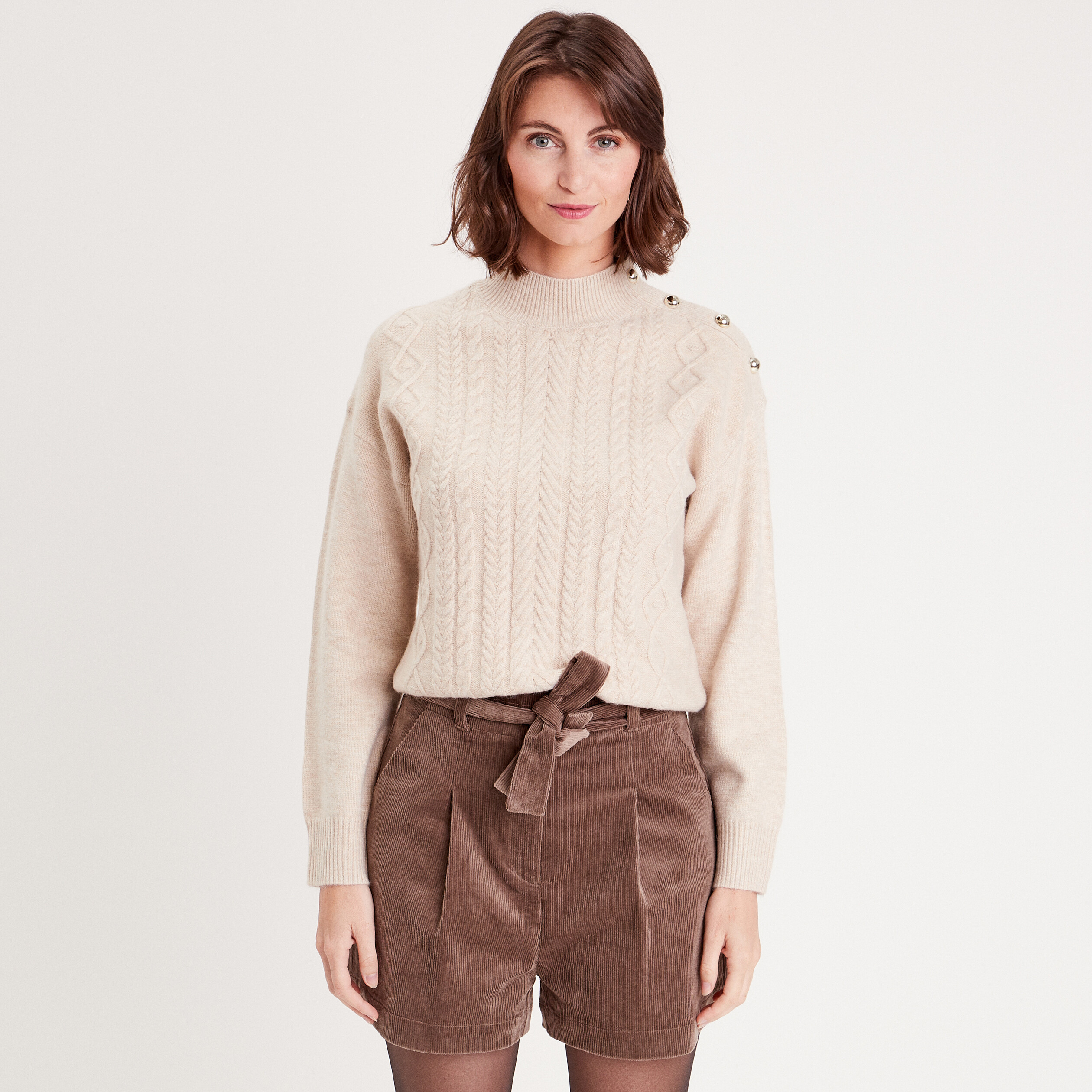 Pull col montant avec torsades sable femme | Vibs