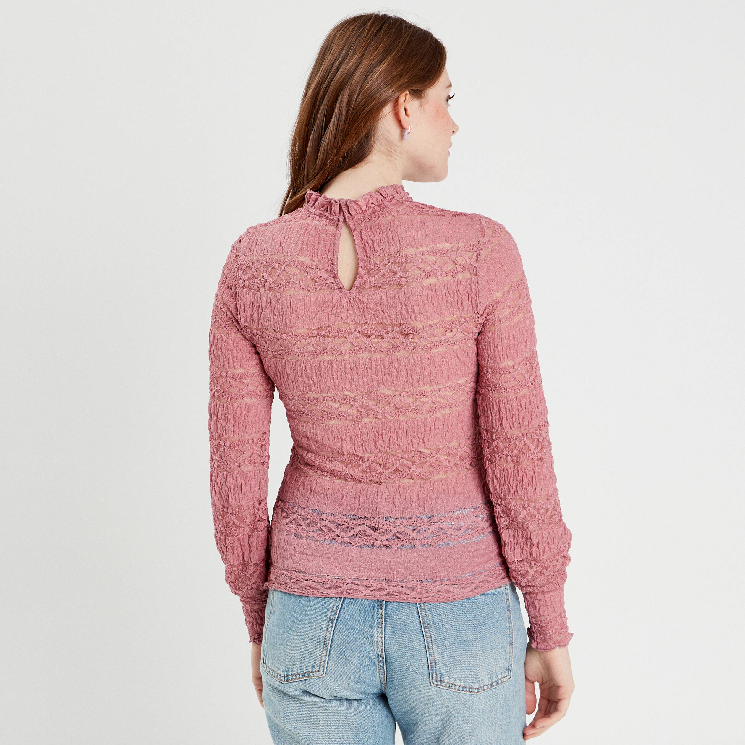 Blouse dentelle col montant vieux rose femme | Vibs
