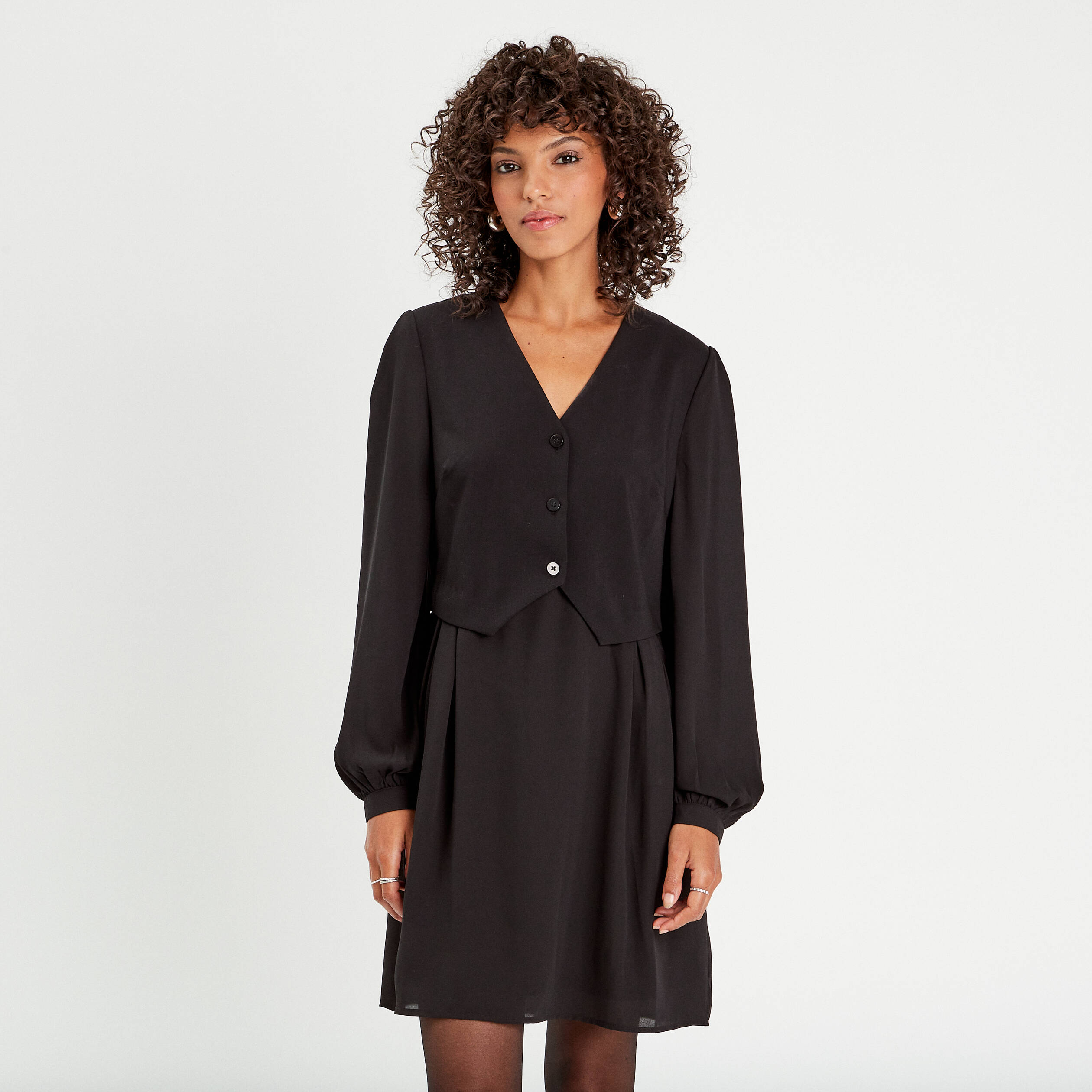 Robe évasée 2-en-1 veston noir femme | Vibs