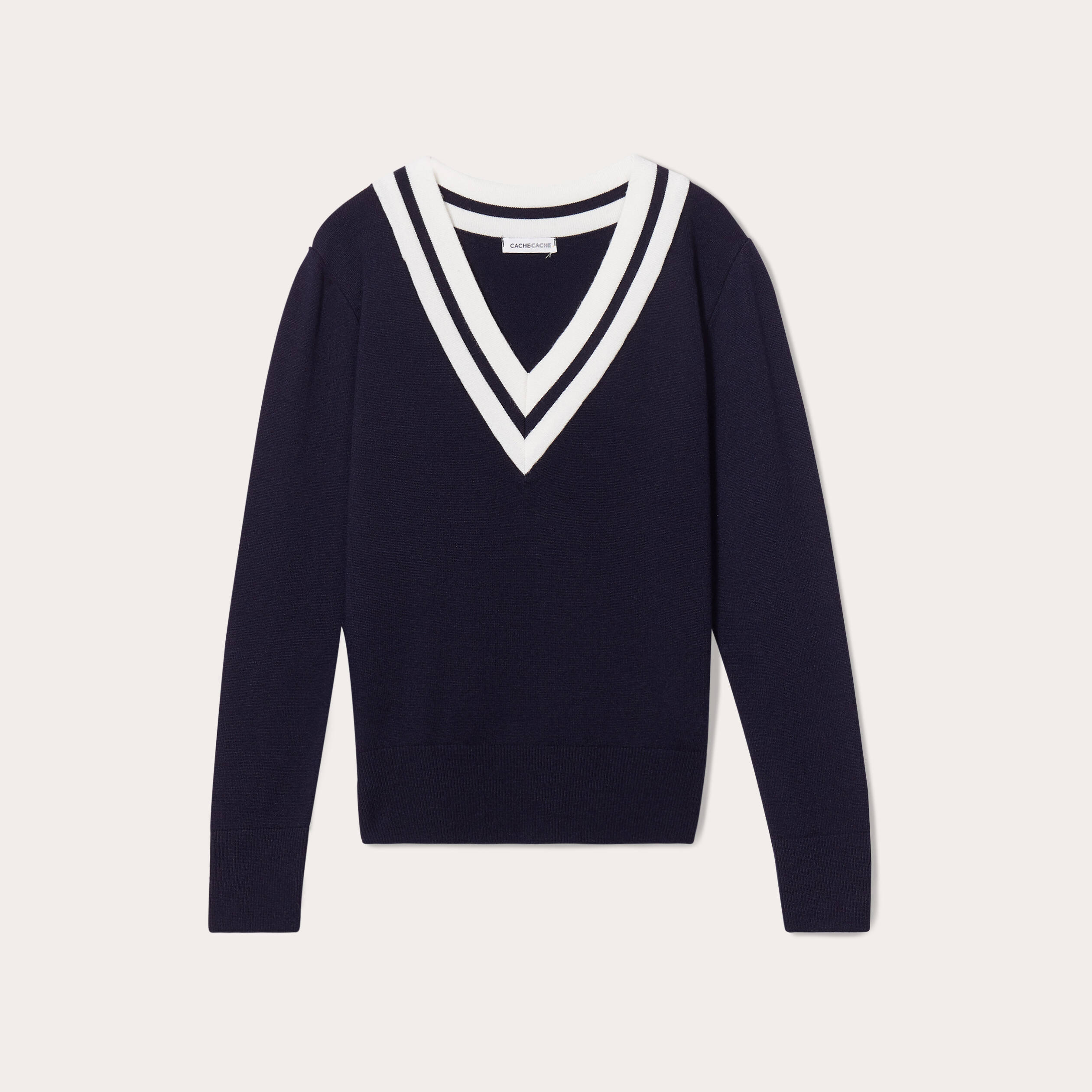 Pull col en V manches longues bleu marine femme | Vibs